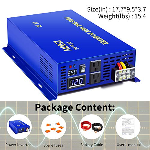 XYZ INVT 2500W Pure Sine Wave Inverter 24v to 110V 120V AC with Wireless Remote Switch, 5000 watt Surge, Power Inverter for Truck, RV Car Camping, Solar System, Grid Off.