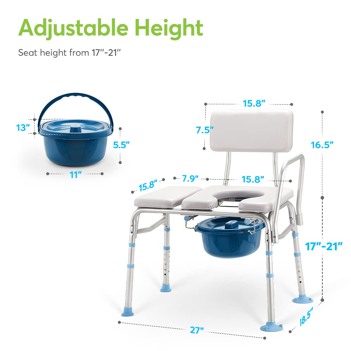 OasisSpace Bathtub Transfer Bench with Commode Opening - Combination Padded Shower Transfer Bench with Removable Backrest & Adjustable Legs, Tub Bench with Cutout Seat for Handicap, Disabled, Seniors
