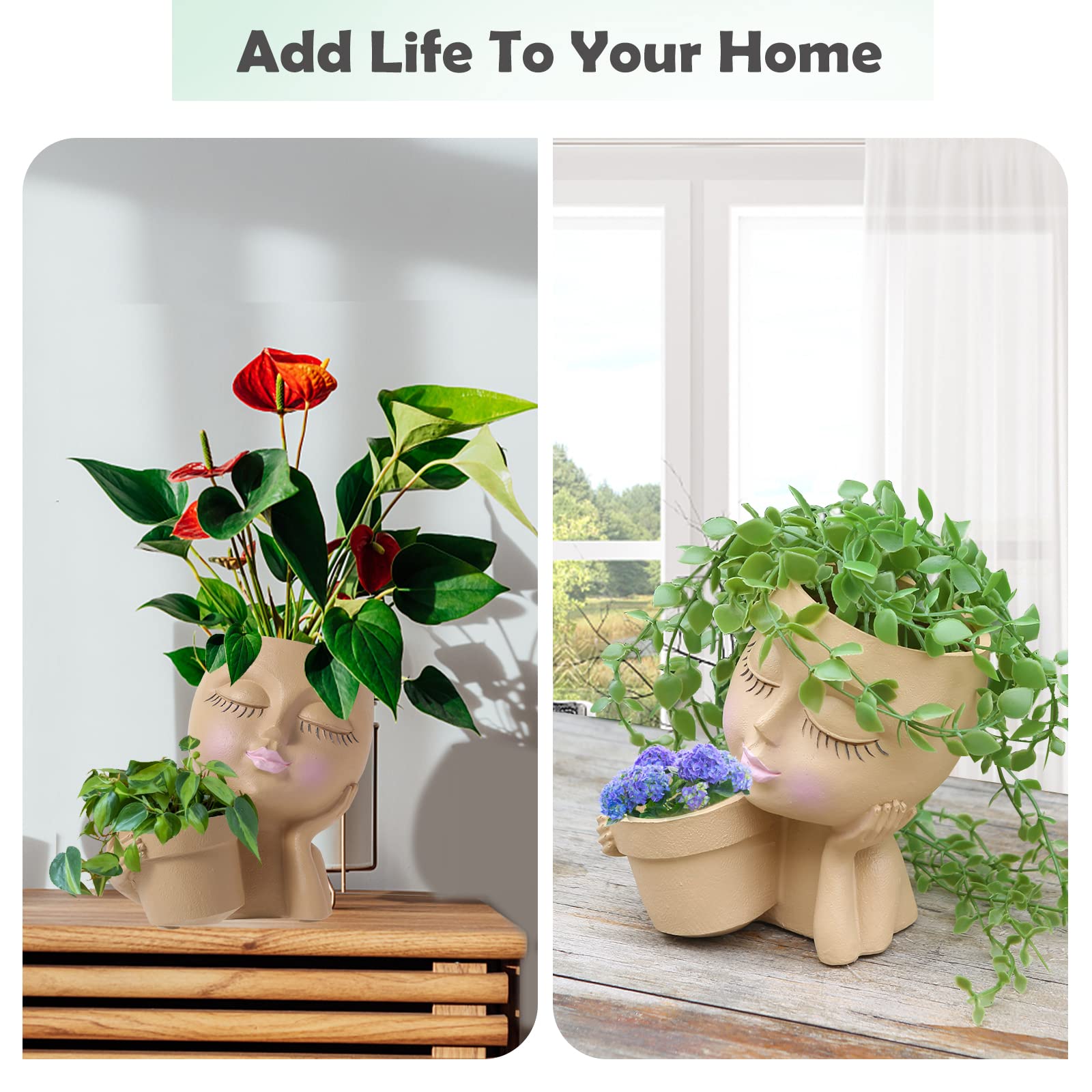 LTSUMI Face Flower Pot Head Planter Succulent Pot Planter Cactus Planter Unique Cute Resin Planter Pot for Indoor Outdoor Plants with Drainage Hole(Double Pots)