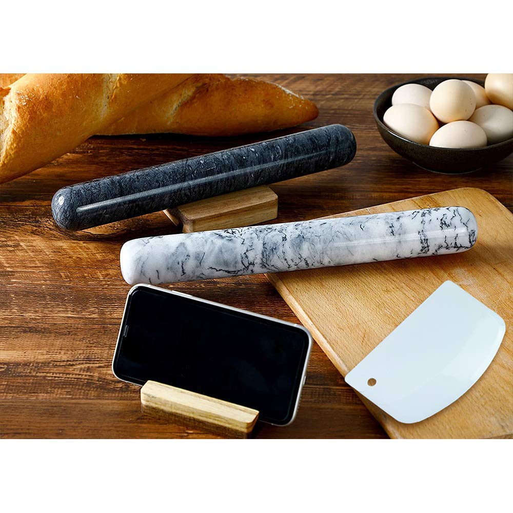 Marble Rolling Pin with Wood Cradle 12 Inch Black, Non-Stick Dough Roller Professional Essential Kitchen Utensil French Heavy Duty for Baking, Pizza, Fondant, Pie Crust, Cookie, Pastry