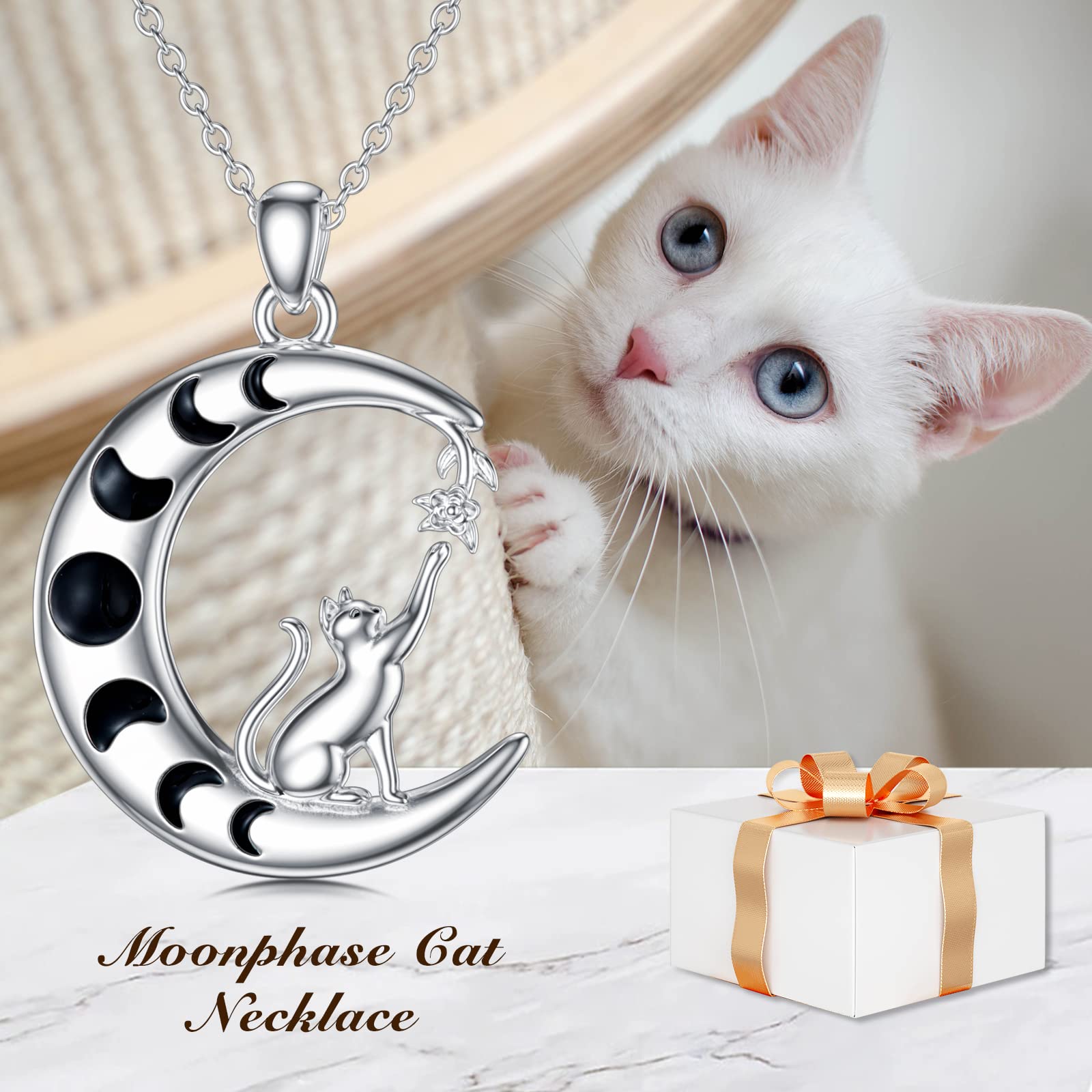 PROESS Sterling Silver Cat Necklace Moon Phase Cat Pendant Wicca Cat Jewelry Gift for Women and Cat Lovers