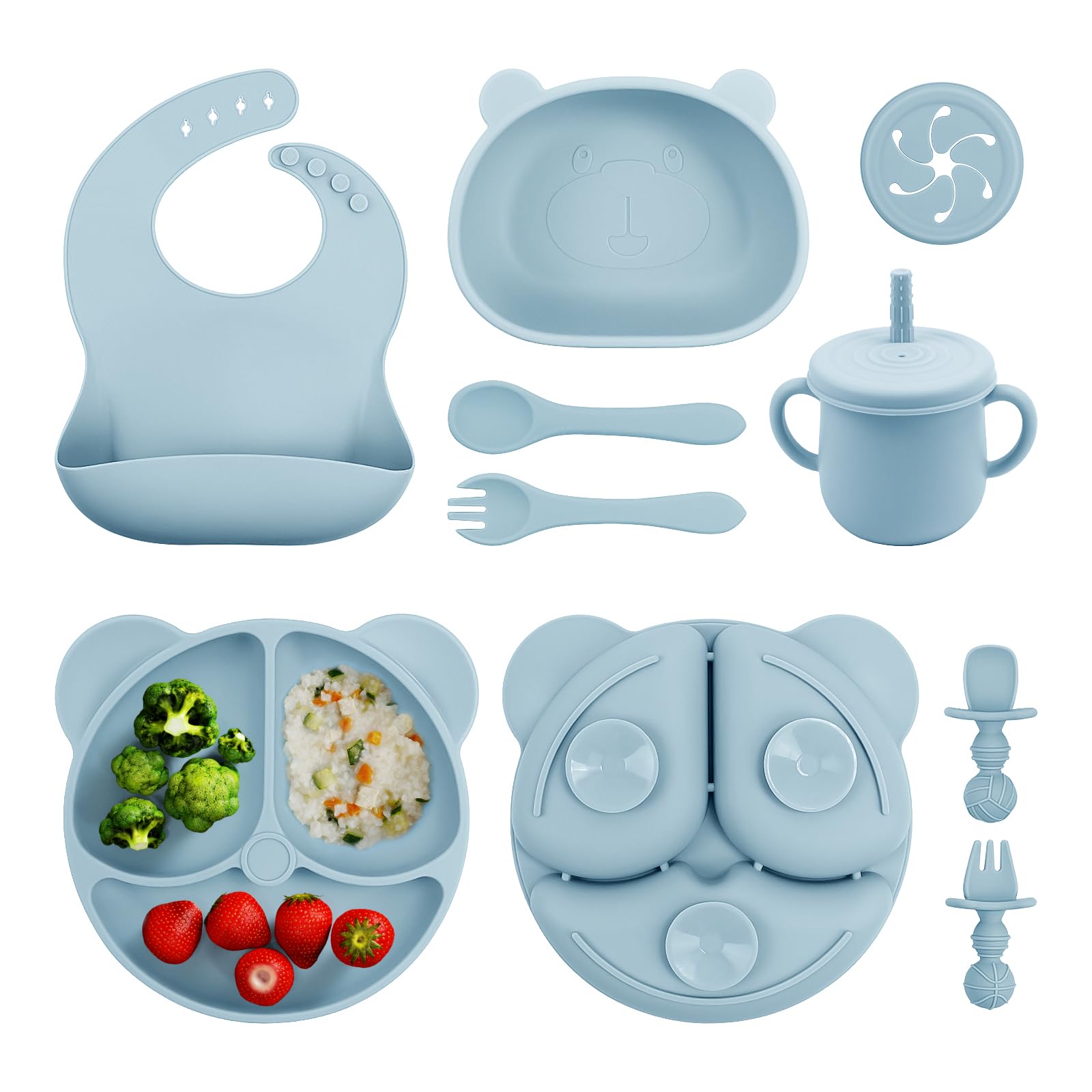 OEC-T5 Baby Led Weaning Supplie,Silicone Baby Feeding Set with Suction Plate and Bowl,Toddler Self Feeding Essentials with Spoons Forks Bib Sippy Cup,Eating Utensils for 6+ Months (10 Pcs)
