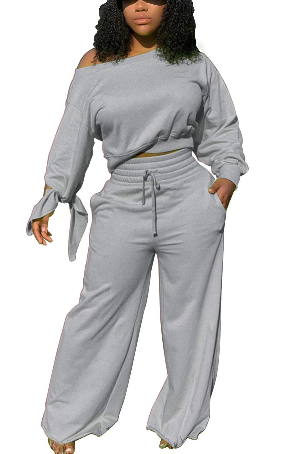 Molilove Women's Solid Sweatsuit Set 2 Piece Long Sleeve Pullover and Drawstring Sweatpants Workout Outfits Sets (Grey, M)