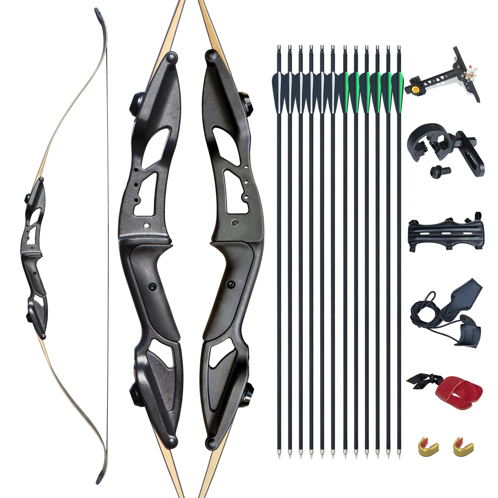 Recurve Bows for Adults Beginners, Right Handed Longbow with 12PCS Carbon Arrows, 56" Archery 30-50lbs from Beginner to Intermediate Outdoor Activities Survival Targeting Backyard(Black, Camouflage)