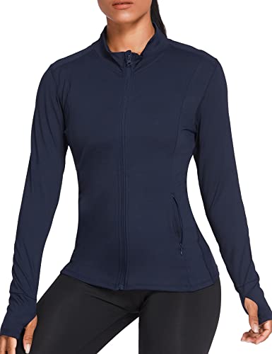 PINSPARK Workout Long Sleeve Sports Jacket For Women Full Zip Workout Running Track Jacket Breathable Navy Blue L