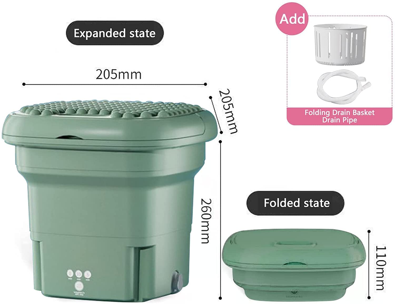Portable Washing Machine Mini Foldable Washer with Drain Basket Spin Dryer,Small Collapsible Bucket Washer for Camping,Travel,Apartment,Dorm green