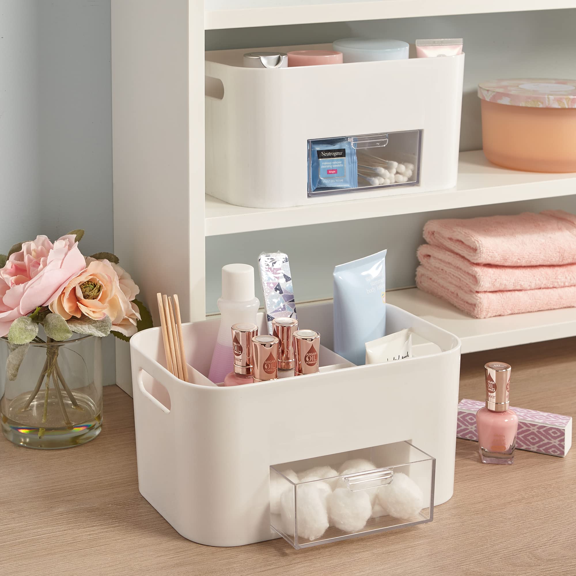STORi Bliss White Makeup Organizer for Countertop, Divided Bathroom Organizer & Storage Drawer, Makeup Brush Holder, Cosmetic & Nail Polish Organizer, Made in USA