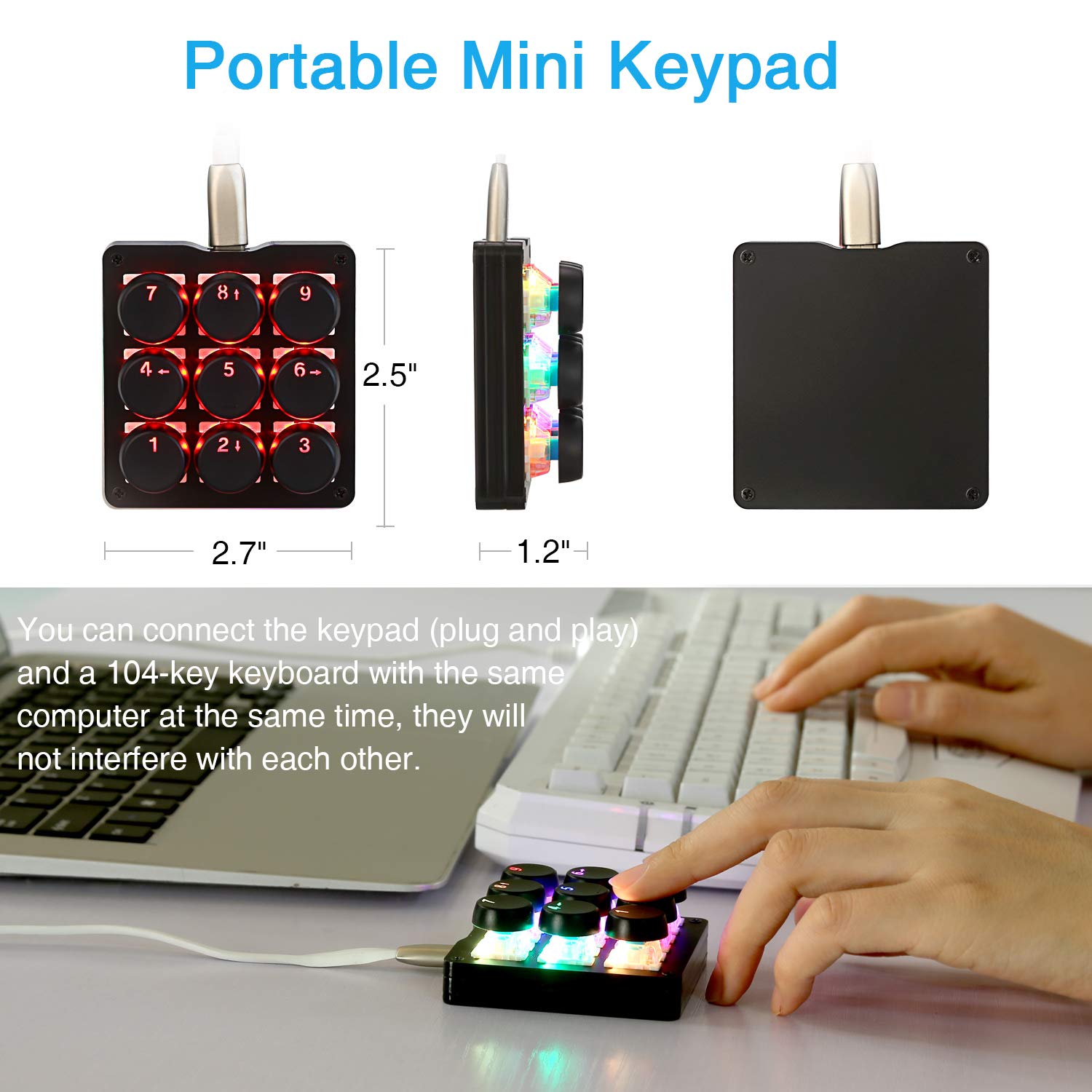 Koolertron One Handed Macro Mechanical Keyboard,RGB LED Backlit Portable Mini Gaming Keypad OSU! Keyboard 9 Fully Programmable Keys Blue Switches with Retro Classic Typewriter Round Keycaps