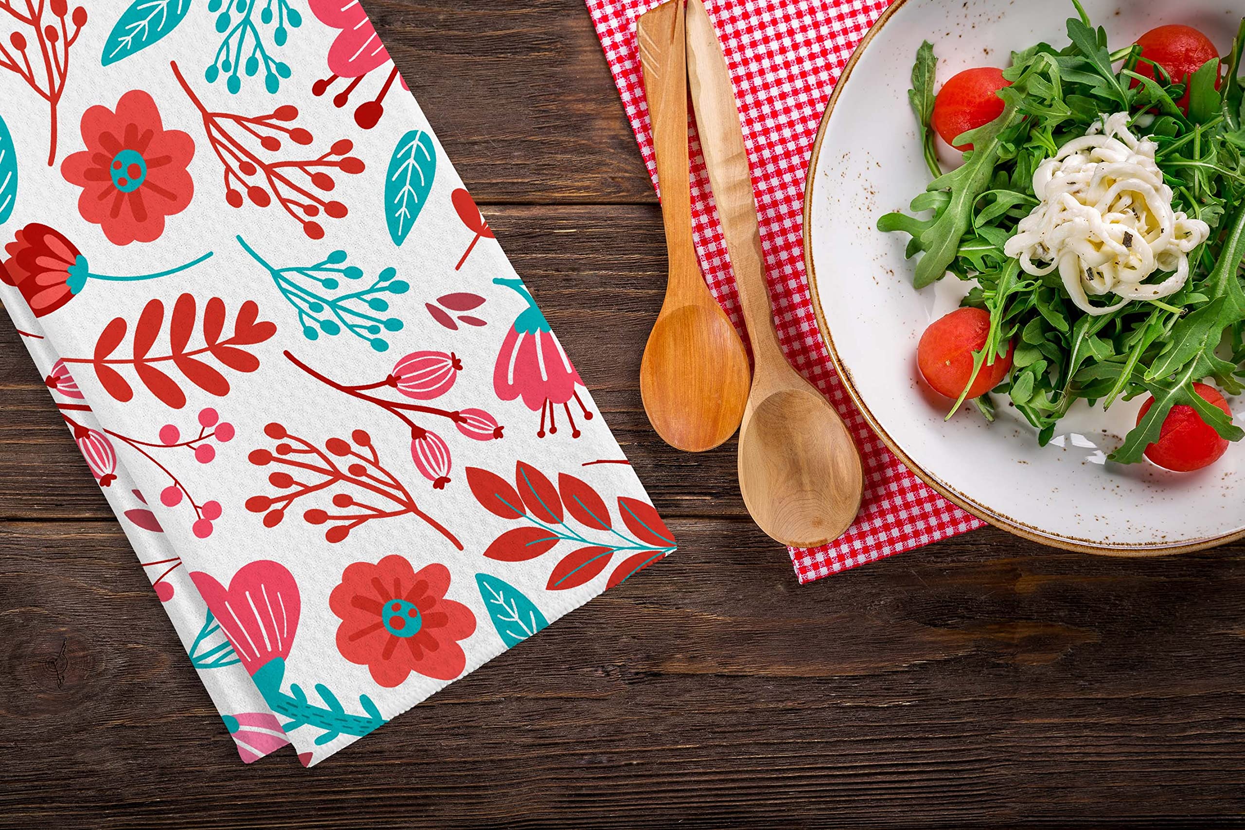 QIYUHOY Hand Drawn Floral Pattern in Red Tones Kitchen Towels or Tea Towels, 16 X 24 Inches Cotton Modern Dish Towels Dishcloths, Dish Cloth Flour Sack Hand Towel for Farmhouse Kitchen Decor