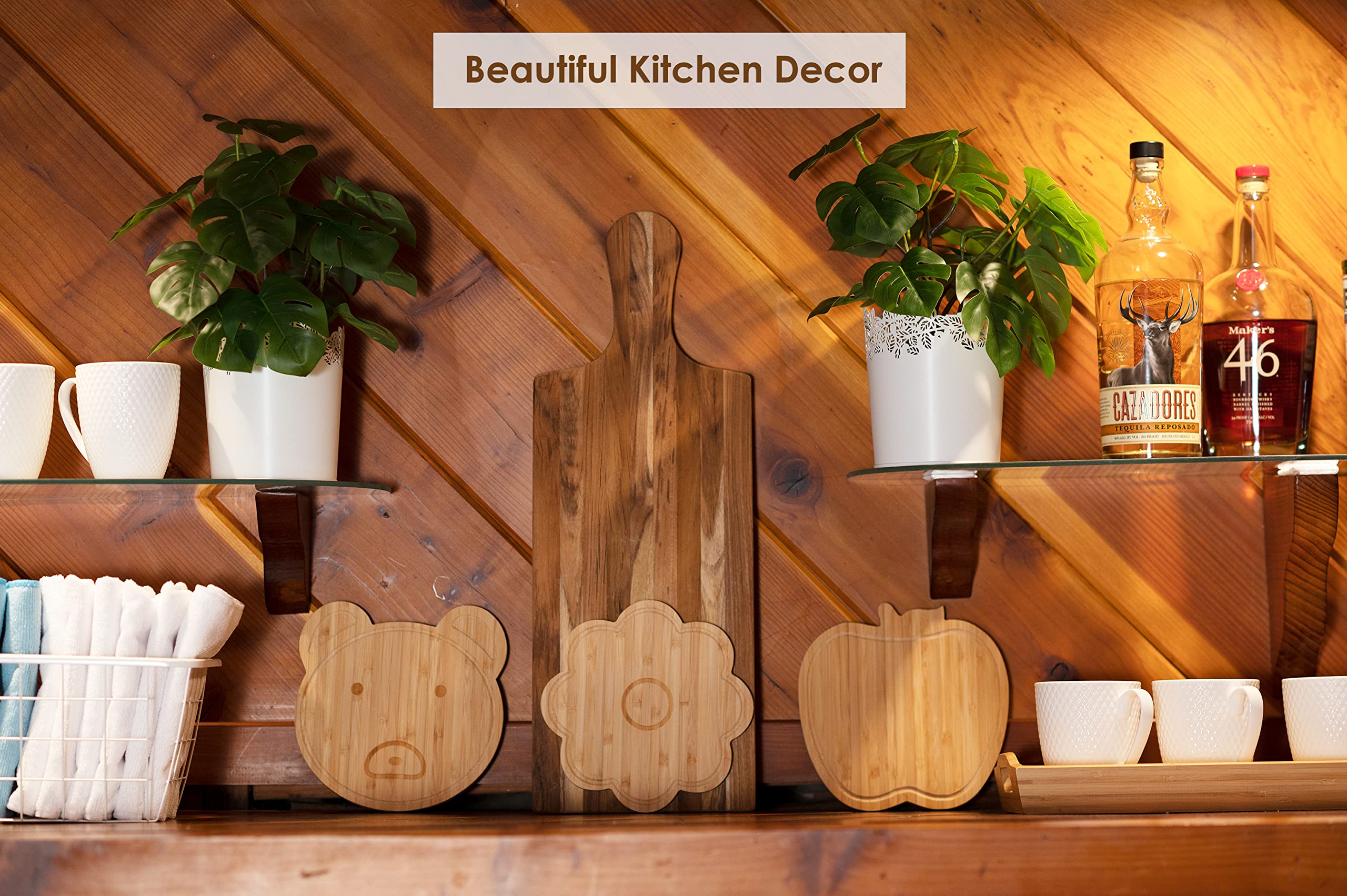 smartified Small Cutting Boards, Sustainable Bamboo Wood, Multipurpose as Kids’ Plates and Kitchen Decor, 3 pcs, Apple-Bear-Flower Designs, 7.5’’x7.5’’x0.4’’