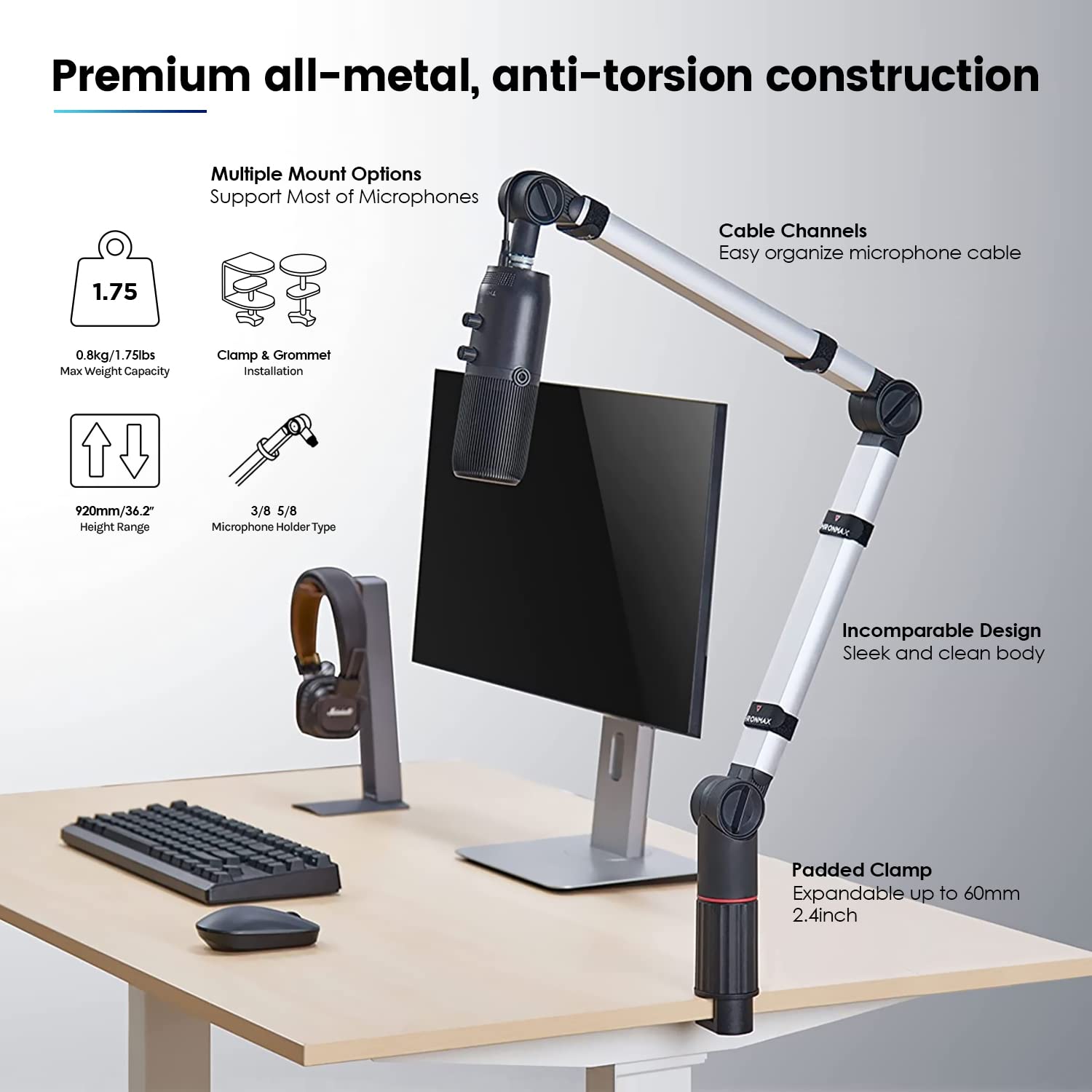 Professional Boom Arm Stand, THRONMAX Flex S5 Mic Stand for Game Streaming and Broadcasting/Sturdy and Universal Mic Arm with 1/4”,3/8", 5/8" Adapter