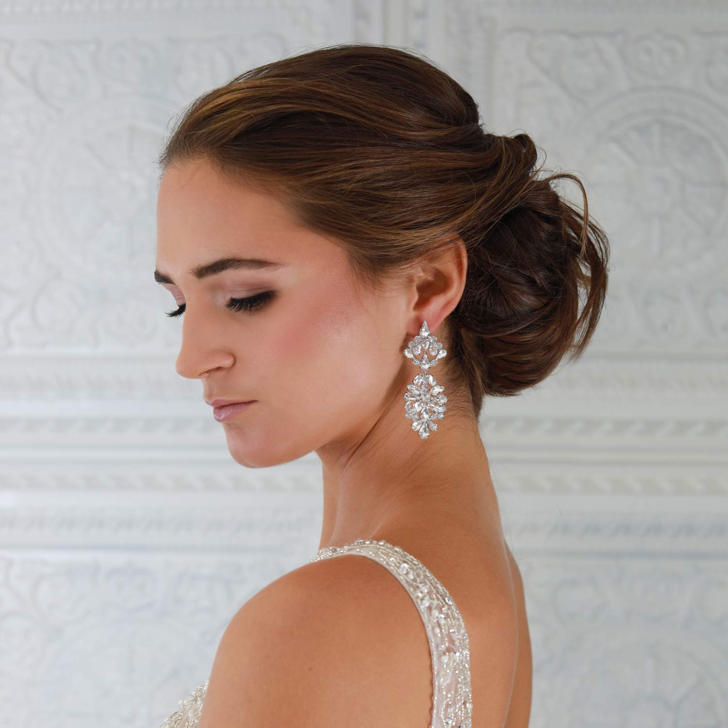 Mariell Silver Crystal Bold Statement Chandelier Dangle Earrings for Wedding, Prom, Pageant & Bridesmaids