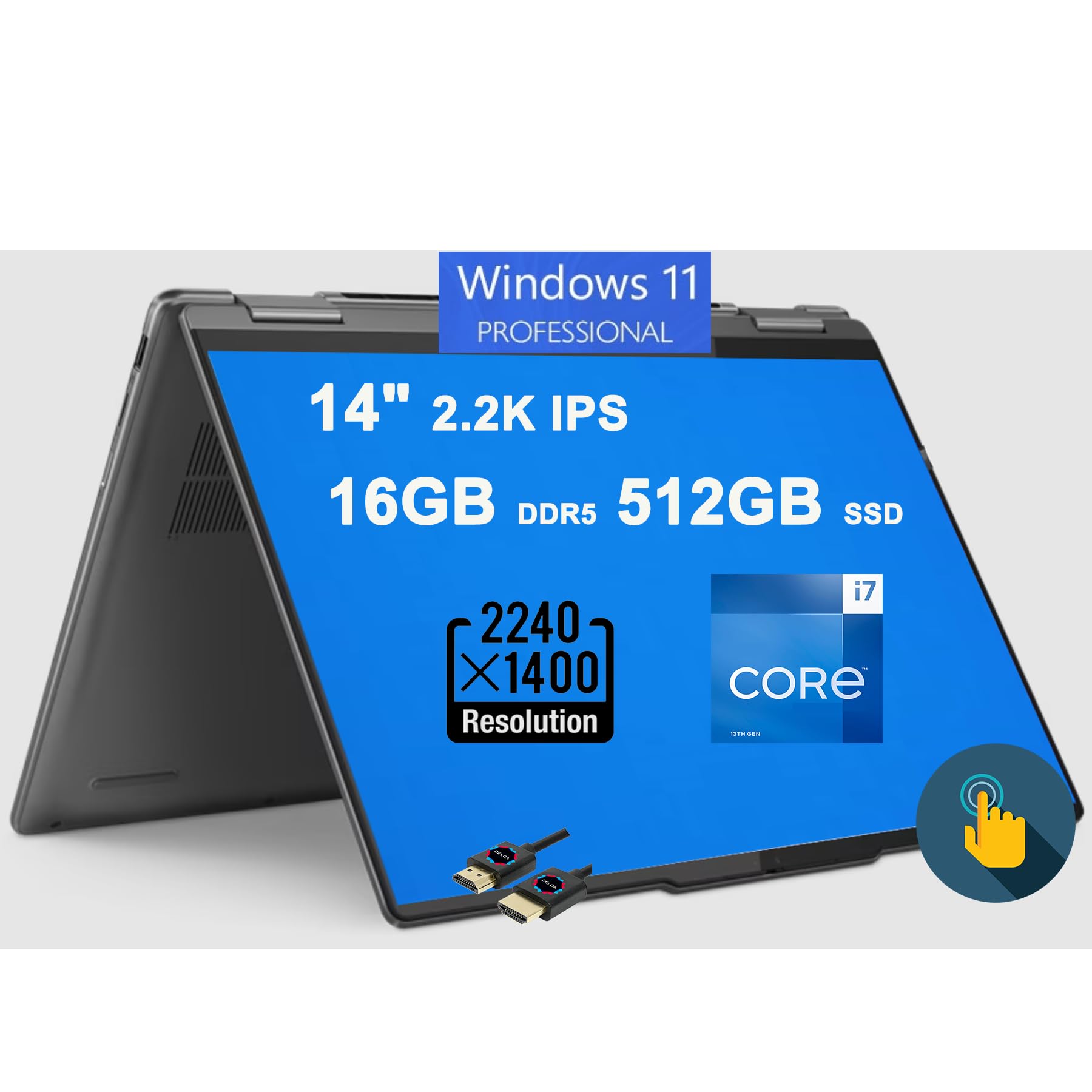 Lenovo Yoga 7i 2-in-1 Laptop | 14" 2.2K IPS Touch | 13th Gen Intel 10-Core i7-1355U | 16GB DDR5 512GB SSD | Backlit Fingerprint Thunderbolt USB4 FHD Privacy Camera Win11Pro Grey + HDMI Cable