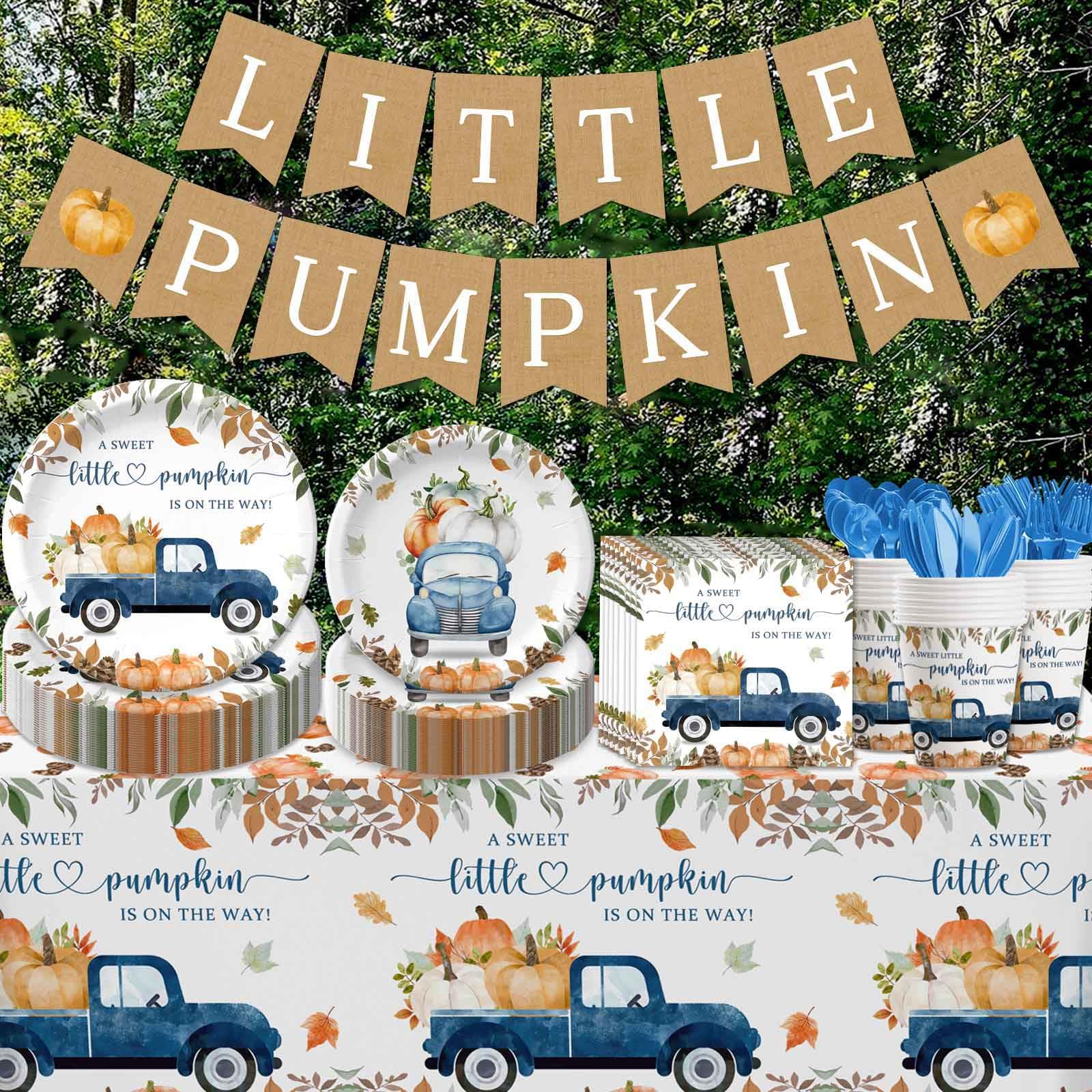 Yuzioey 177pcs Pumpkin Baby Shower Decorations, A Little Pumpkin is On The Way, Fall Pumpkin Disposable Dinnerware (Serve 25 Guests)with Paper Plates Cups Napkins, Banner Tablecloth