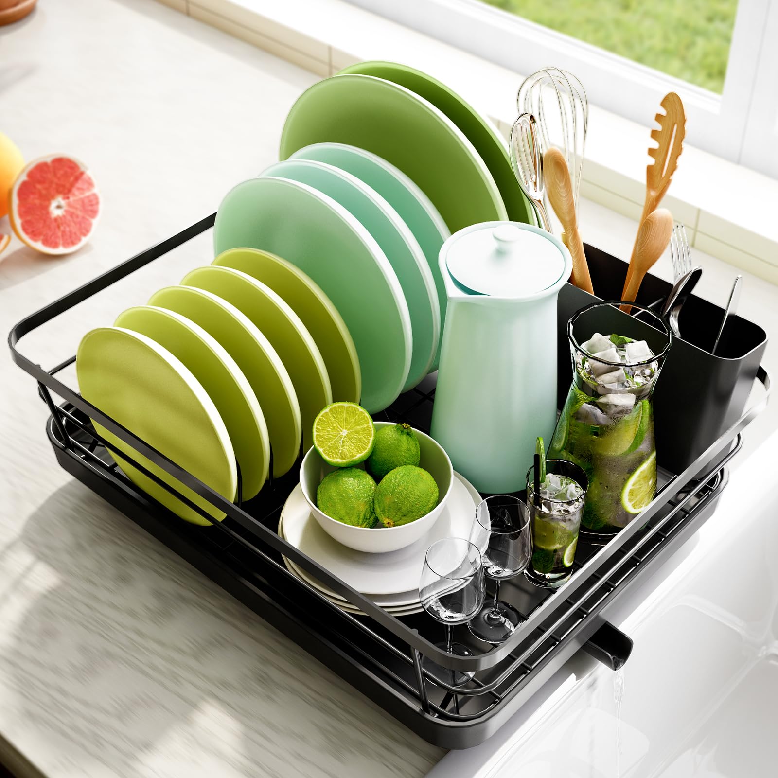 Kitsure Dish Drying Rack - Small Dish Racks for Kitchen Counter, Dish Rack with Adjustable Water Outlet, Stainless Steel Dish Drainers for Kitchen Counter, Drying Rack for Kitchen, Black
