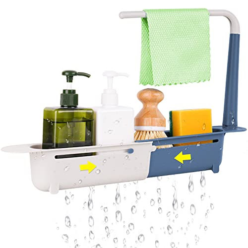 NiHome Telescopic Kitchen Sink Organizer with Towel Hanger and Expandable Drain Basket - Adjustable Length Multifunctional Caddy for Home and Bathroom Storage (Blue/White)
