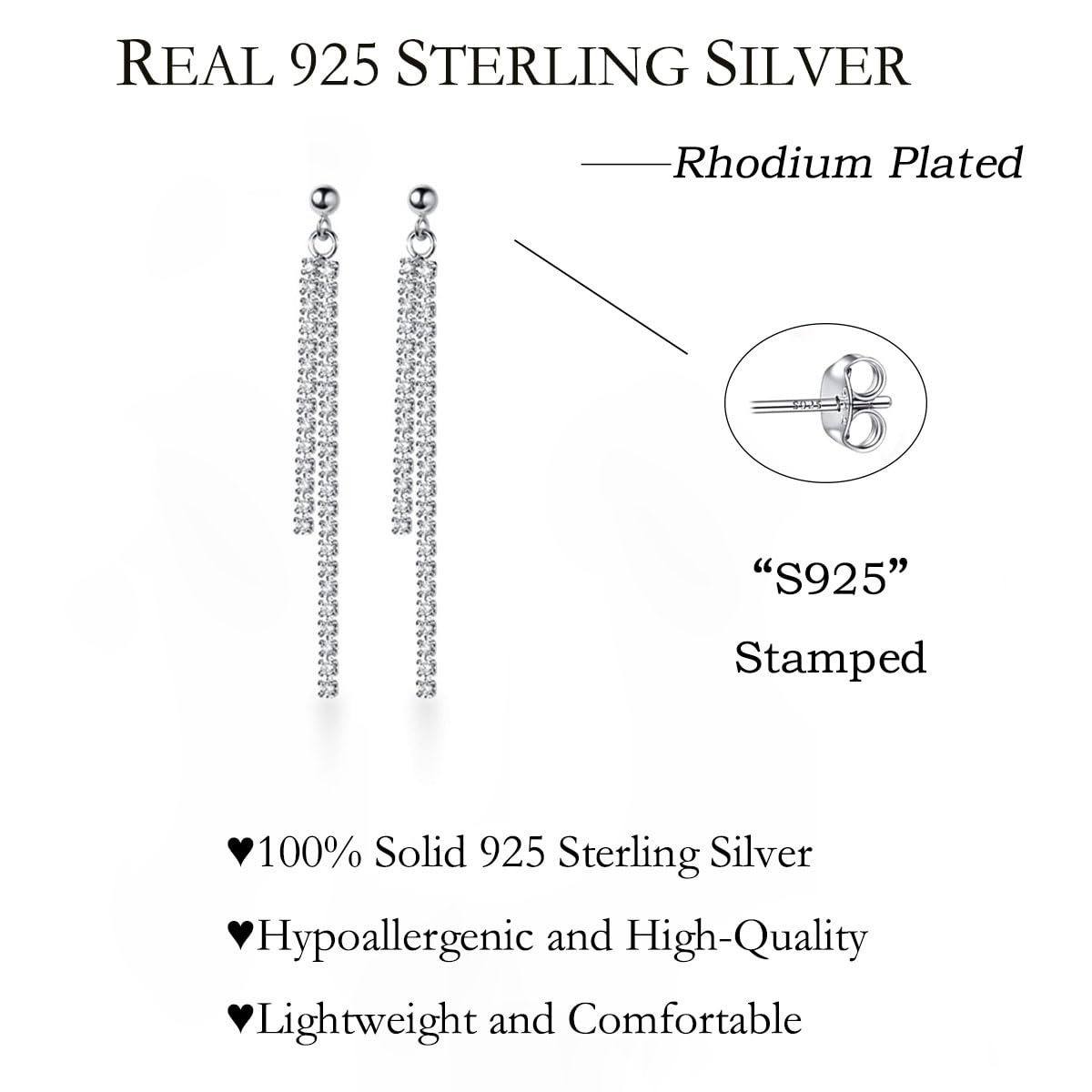 SLUYNZ Sterling Silver Crystal Rhinestone Linear Drop Earrings for Women Girls CZ Long Dangle Earrings Tassel Chain Studs (A-Silver)