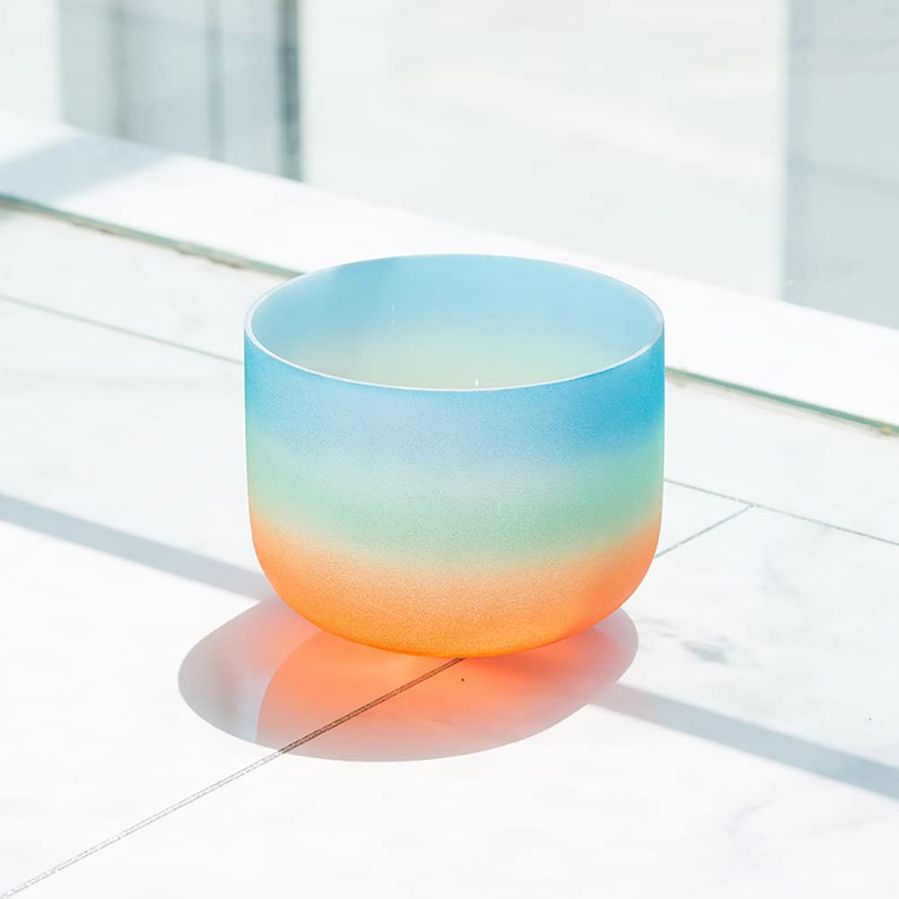 Singing Bowls, Blue Green Orange Rainbow C Note Frosted Quartz Crystal Singing Bowl Bottom Wheel 6-12 Inch for Meditation Mindfulness Yoga,10inch