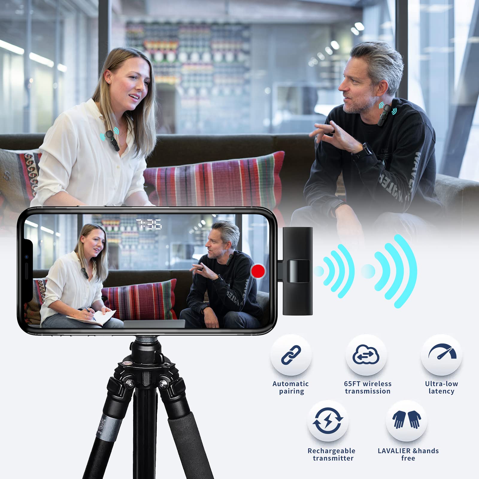 Professional Wireless Lavalier Lapel Microphone Plug & Play for iPhone iPad - 3 Levels Noise Reduction - Auto Sync Clip-on Mic for YouTube TikTok Interview Live Stream Video Recording (Black)
