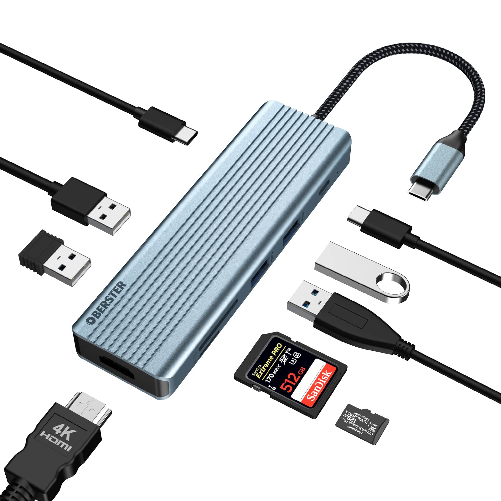 USB C HUB Dual Monitor, OBERSTER 9 in 1 USB C Adapter with 4K HDMI, 100 W PD, 3 USB 3.0, USB 2.0, USB C 3.0, SD/TF Compatible with MacBook Pro/Air, DELL, HP, Lenovo Pro, Surface Pro