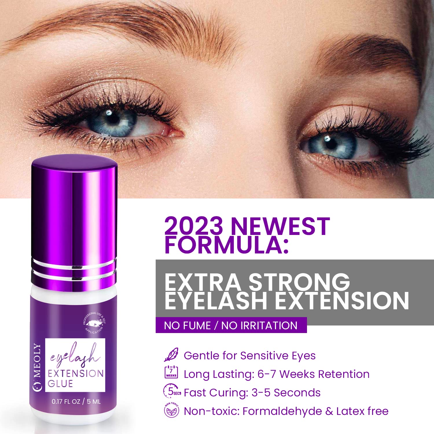 MEOLY Strong Hold Lash Extension Glue for Sensitive Eyes, No Fume 6-7 Weeks Retention Eyelash Glue for Lash Extensions, Extra Strong Professional & Individual Lash Glue Black