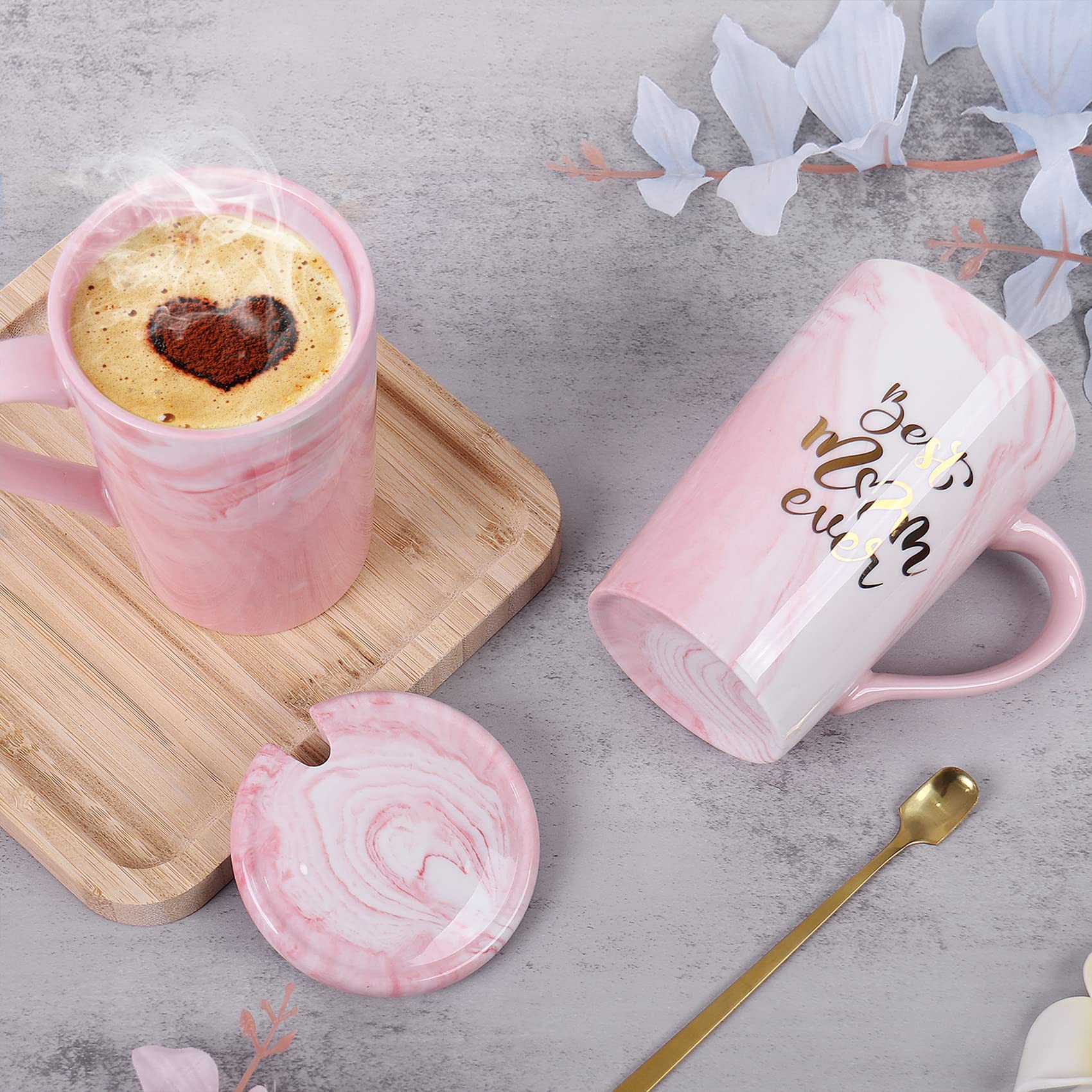 OurHonor Gifts for Mom, Best Mom Ever Coffee Mugs, Gift for Women 16 Oz Marble Pink Ceramic Novelty Tea Cup with Delicate Box for Mother's Day Chrismas