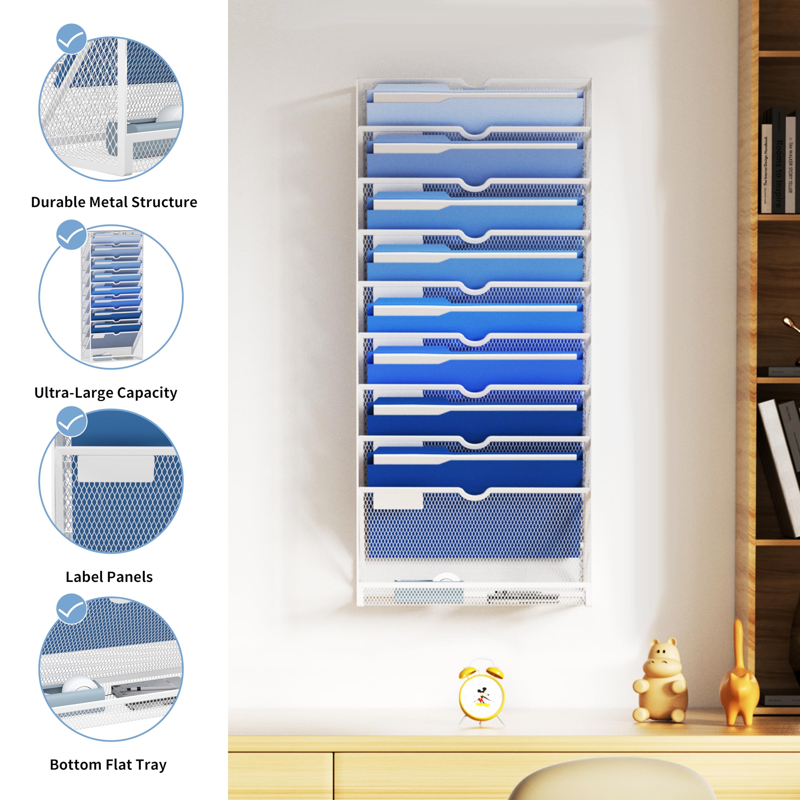 Lavatino 10-Tier Hanging Wall File Organizer, Wall File Organizer Holder for Papers, Files Clipboard & Magazine Organizerr, Wall Mount File Holder Great for Office Home