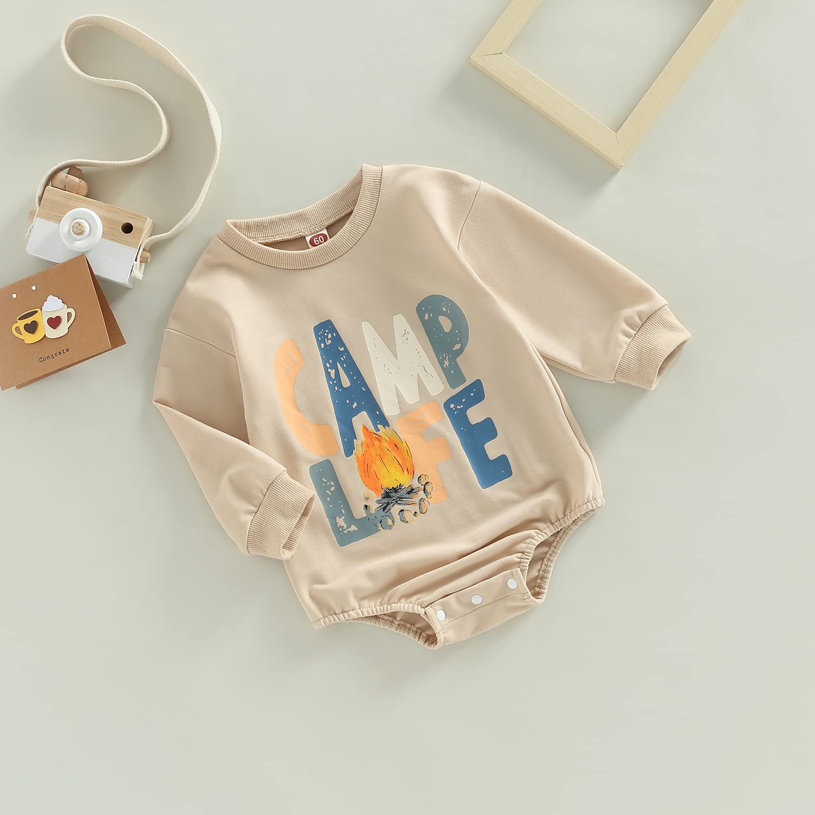 Lamuusaa Newborn Baby Girl Boy Clothes Camp Crewneck Sweatshirt Shirts Long Sleeve Romper Oversized Sweater Fall Tops 0-18M (Khaki, 6-12 Months)