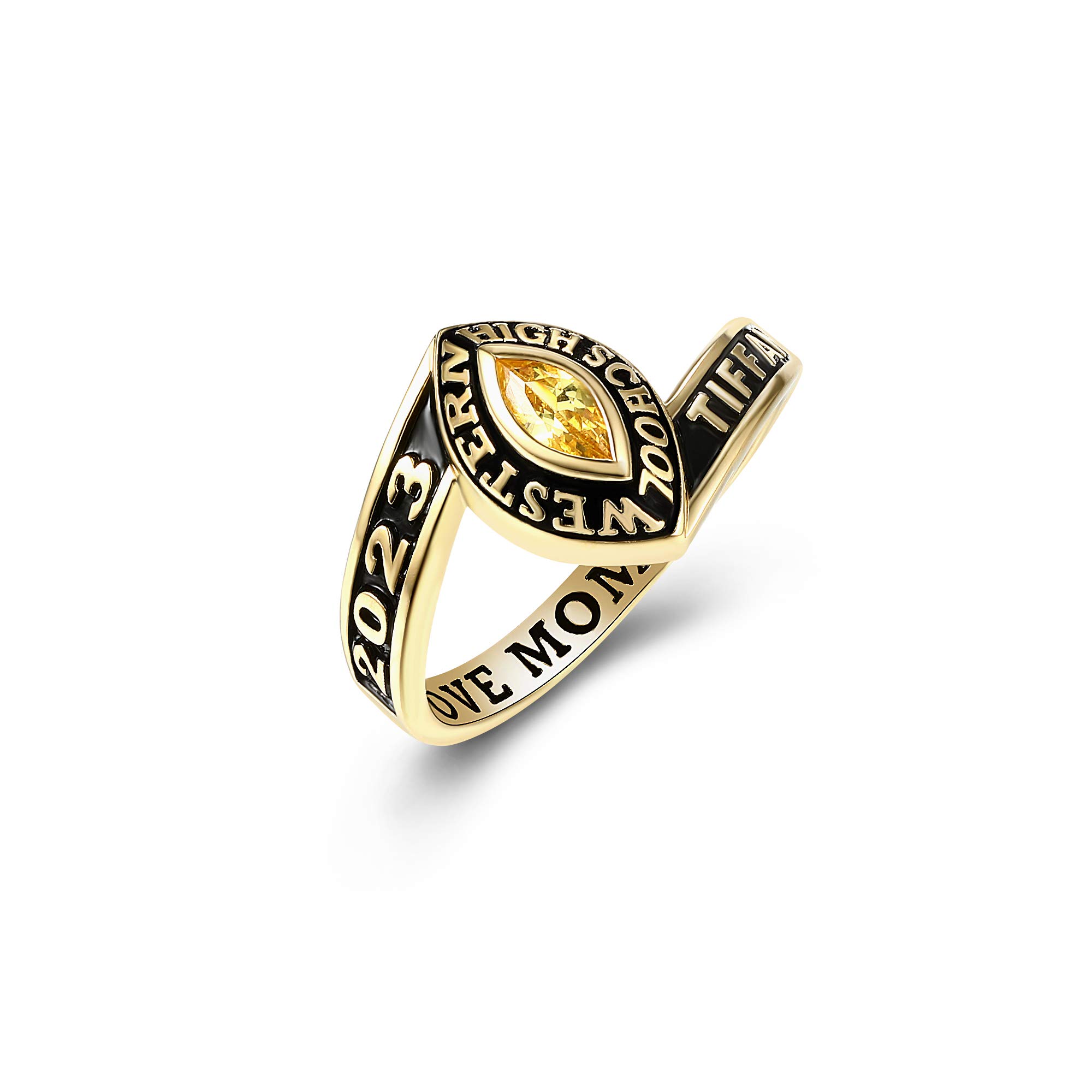 PJM Customized Sterling Silver Ladies High School and College Class Ring – Fashion Collection – Fully Personalized (10kt Yellow Gold, 5)