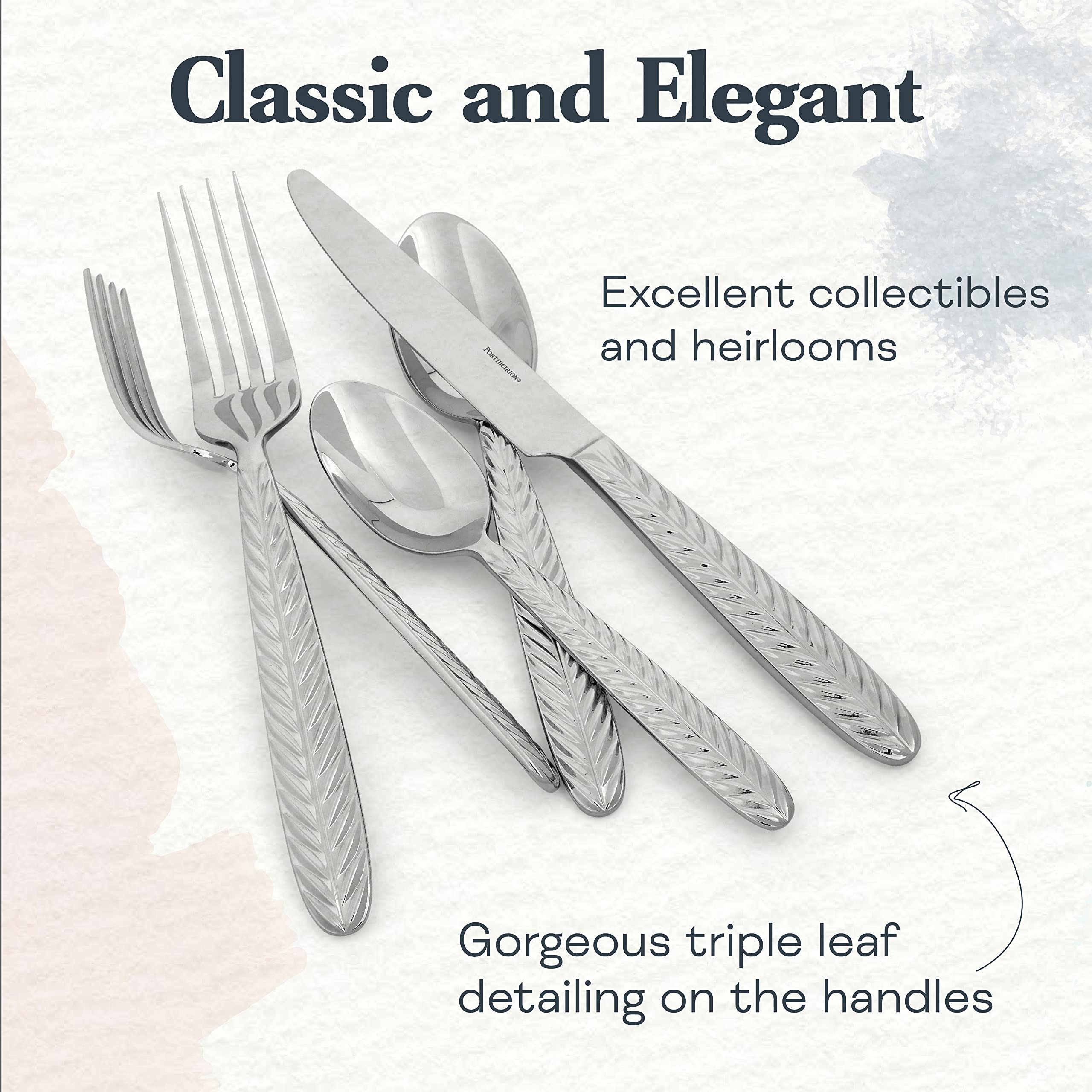 Portmeirion Botanic Garden Flatware Set Service for 4 | Utensil Sets - Dishwasher Safe | Silverware Sets - 18/10 Stainless Steel | Cutlery Set with Triple Leaf Detailing | 20 Piece Set