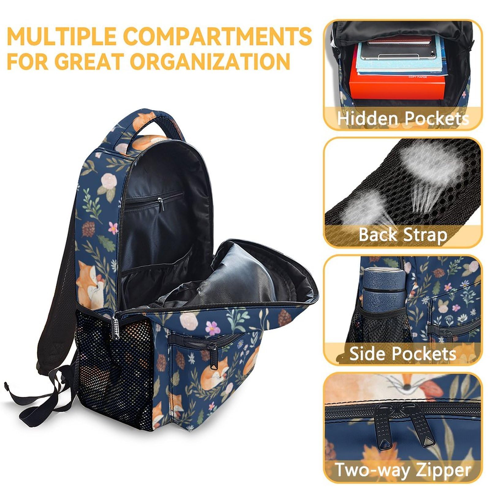 Mercuryelf Fox Girls Boys Backpack with Lunch Box Set, 3 in 1 School Travel Backpacks Matching Combo, Aesthetic Dark Blue Bookbag and Pencil Case Bundle