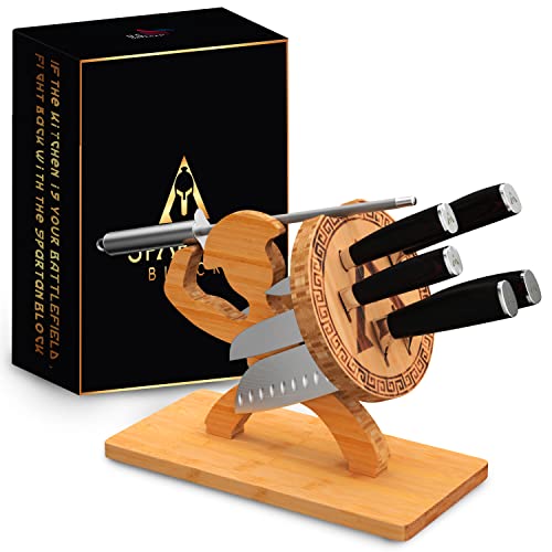 Spartan Knife Block- Complete Damascus Style Knife Set for Men- 5 Chef Knives, Knife Sharpener & Bamboo Spartan Knife Holder. Funny Stabbed Man Knife Holder- Unique Knife Holder