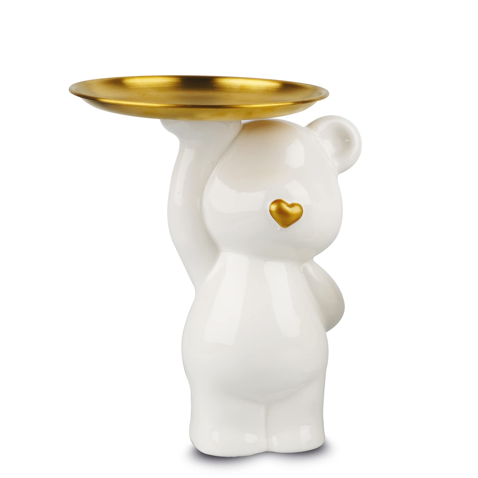 OILISI Jewelry Tray,Ceramic Bear Statues with Gold Dish for Ring Earring Holder,Decorative Tray for Table Bathroom Living Room Entry-way Decoration,Fit for Candy Key Necklaces Lipstick Holder