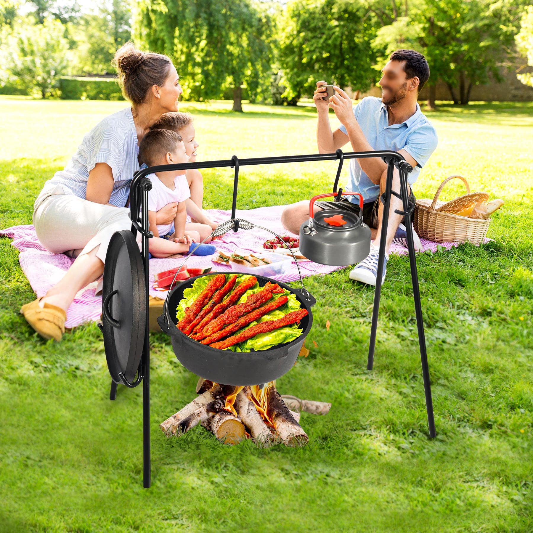 REDCAMP Campfire Cooking Stand, Portable Grill Swing with Hooks and Accessories, Cookware Hanging Rack for Cookware & Dutch Oven,Small