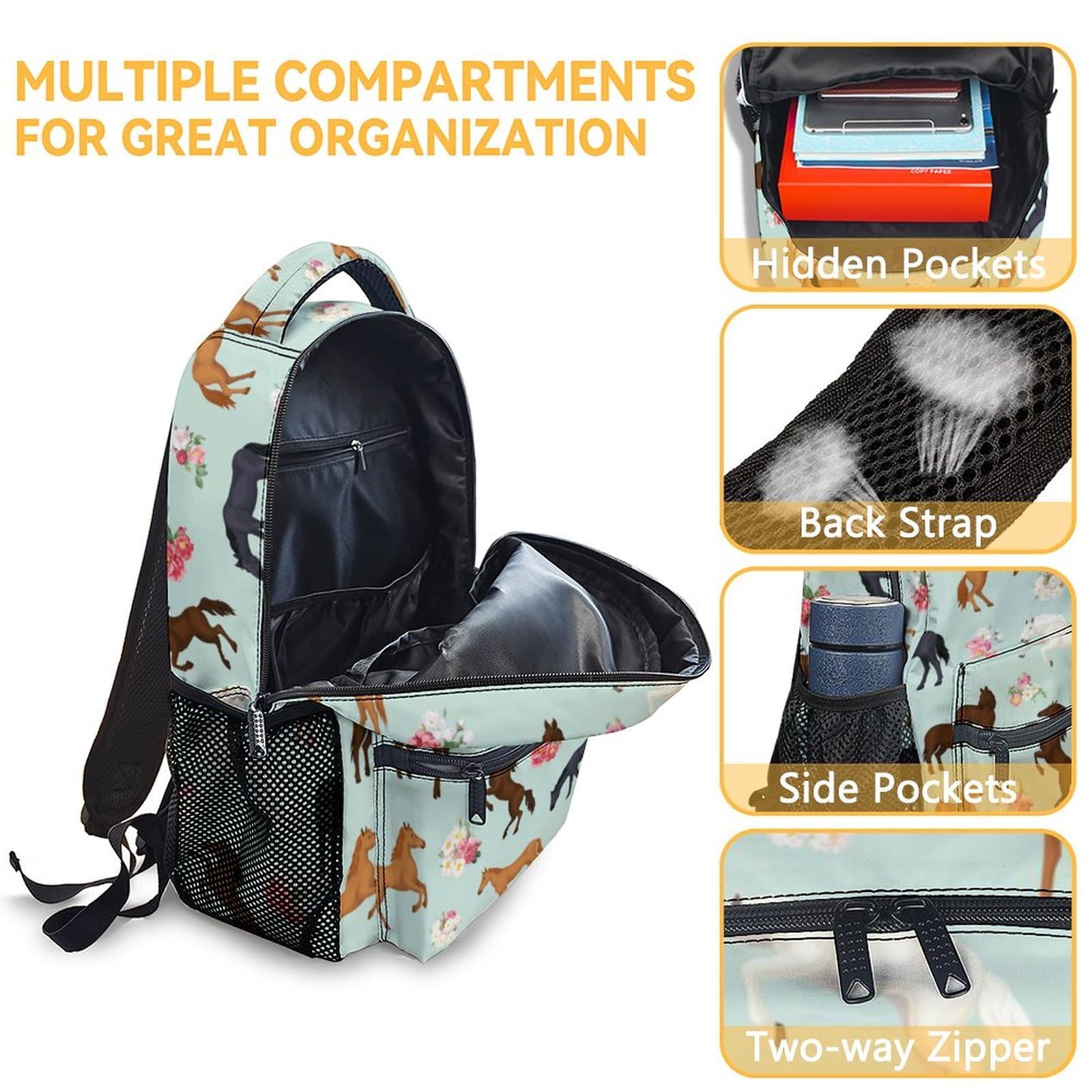 Mercuryelf Horse for Women Backpack with Lunch Box Set, 3 in 1 School Backpacks Matching Combo, Aesthetic Mint Green Bookbag and Pencil Case Bundle