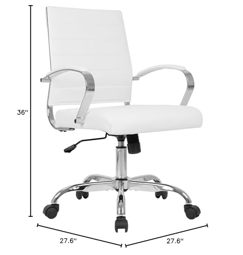 LANDSUN Home Office Chair Mid Back Desk Chair PU Leather Ribbed Executive Swivel Computer Chair with Wheels and Armrests Soft Padded Adjustable Height Conference Task White