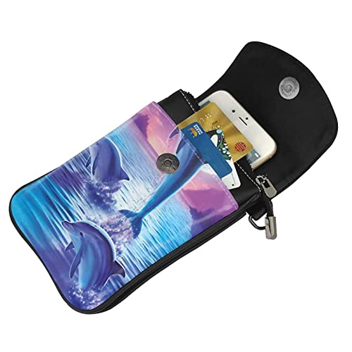 Small Crossbody Cell Phone Purse Wallet For Women Purple Sky Jumping Dolphin Shoulder Pouch