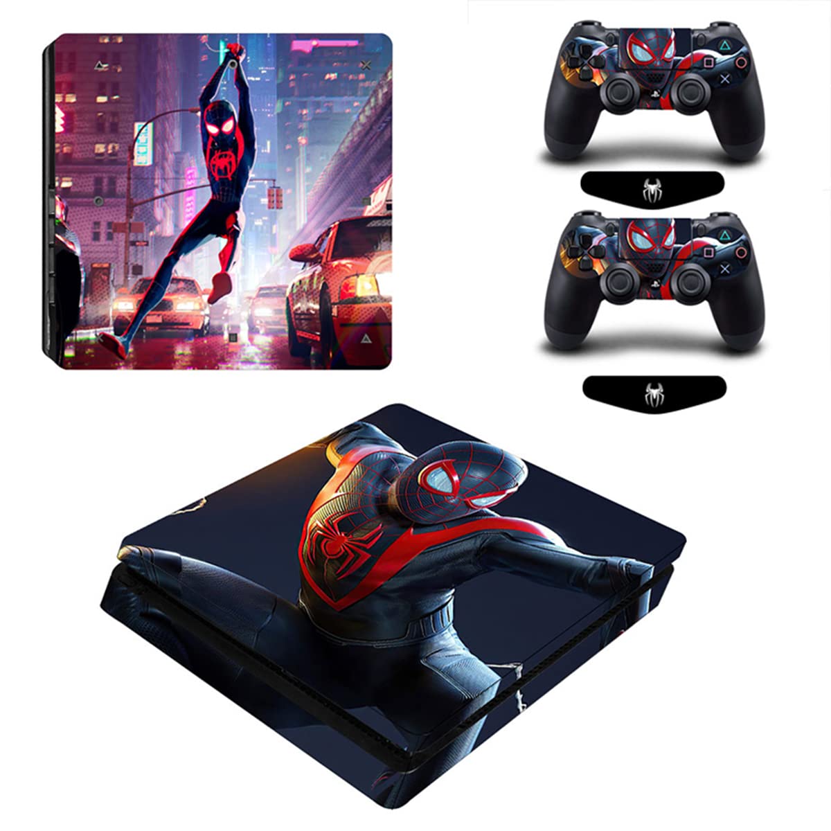 PS4 Slim Skin Sticker for Console and 2 Dual Shock Controllers Full Wrap Vinyl Decal Protective Cover Faceplate for Spider Compatible with PS4 Slim, Black