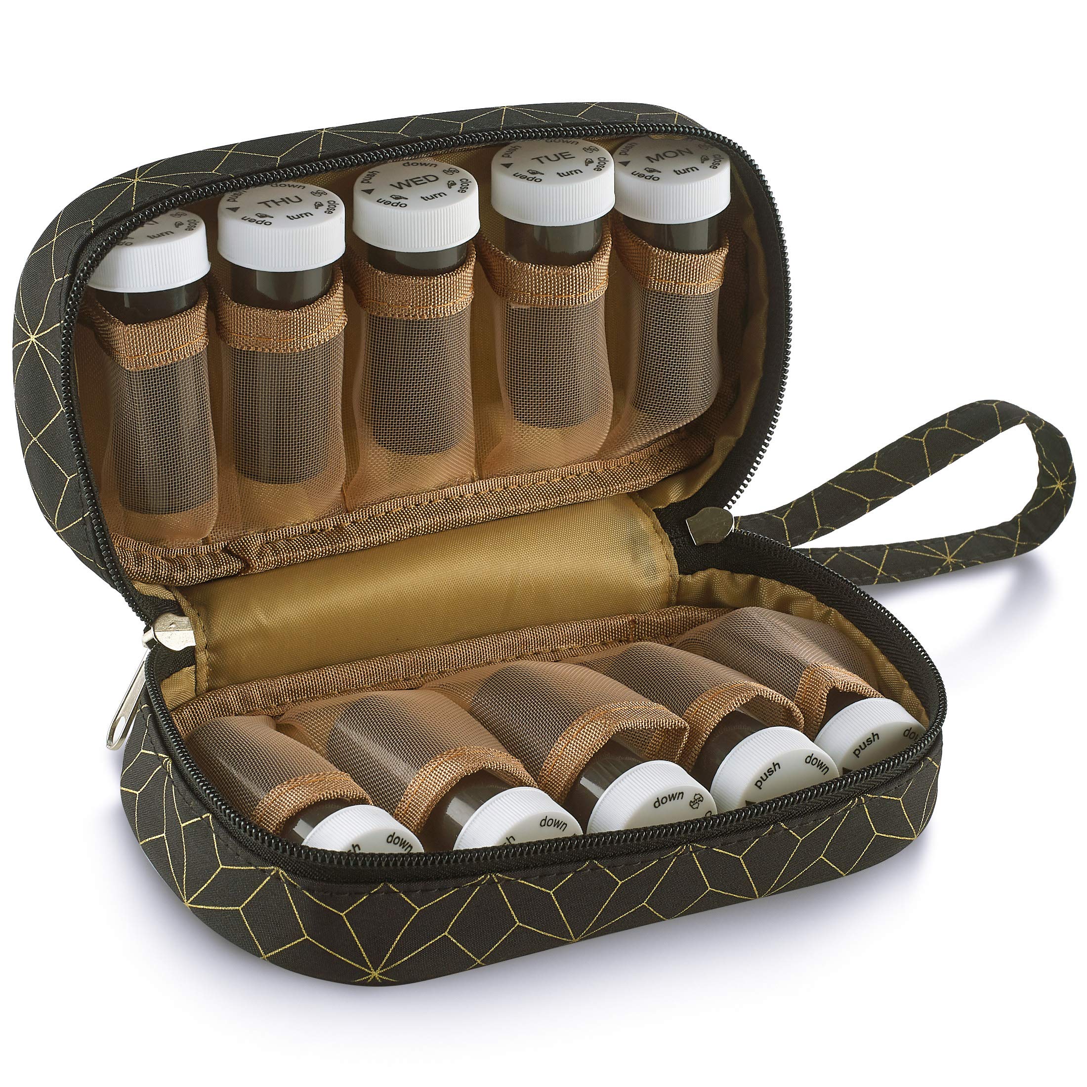 Pill Case and Pills Bottle Organizer - Weekly and Daily Medicine Container Carrier Tote Bag for Weekly Pill Bottles with 3 Extra Daily Bottles