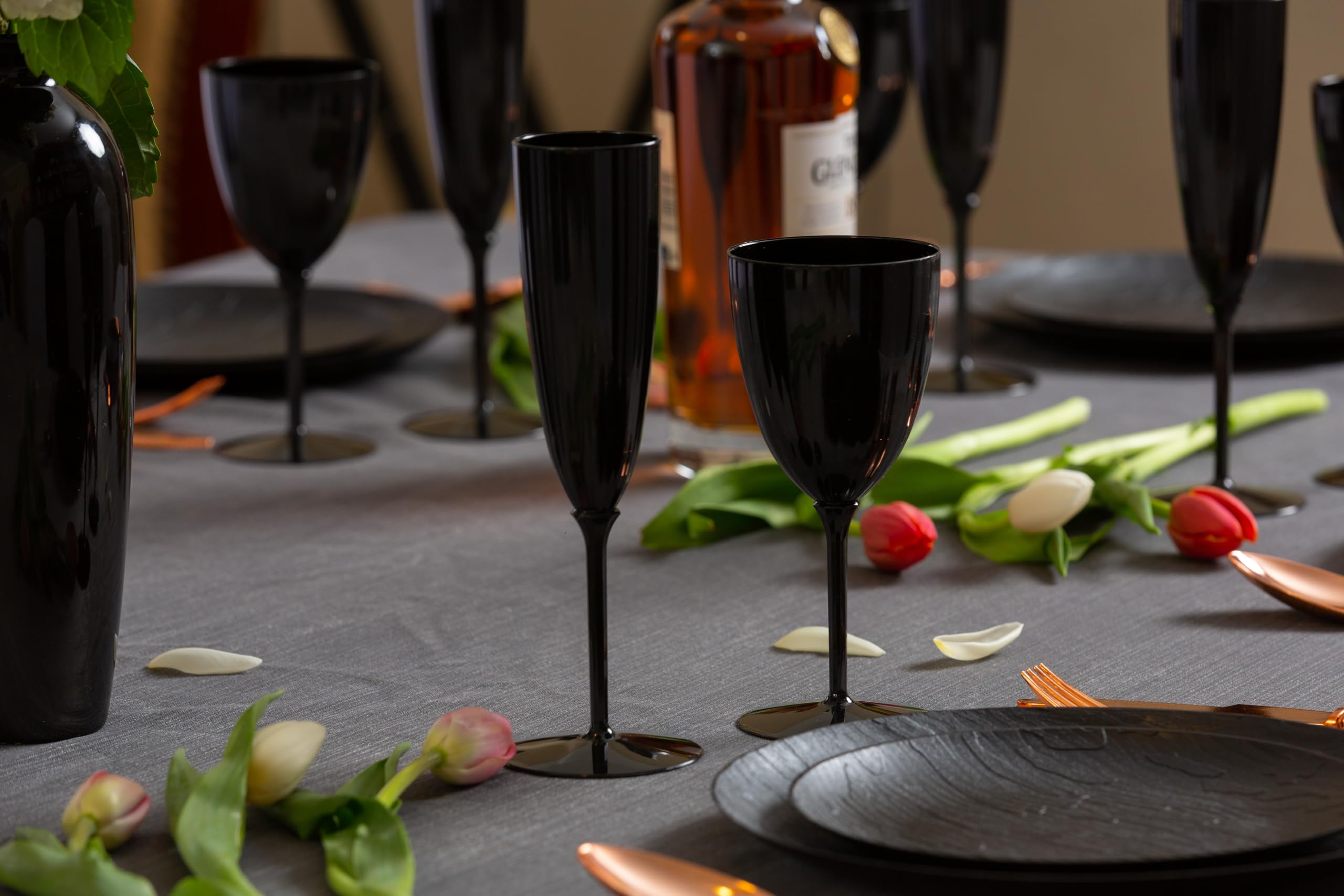 Posh Setting 7oz, Black Plastic Wine Glasses Hard Plastic Disposable Stemware, Drinking Cups with stem for Toasting, Weddings parties Plastic Wine cups for Home [8 Pack]