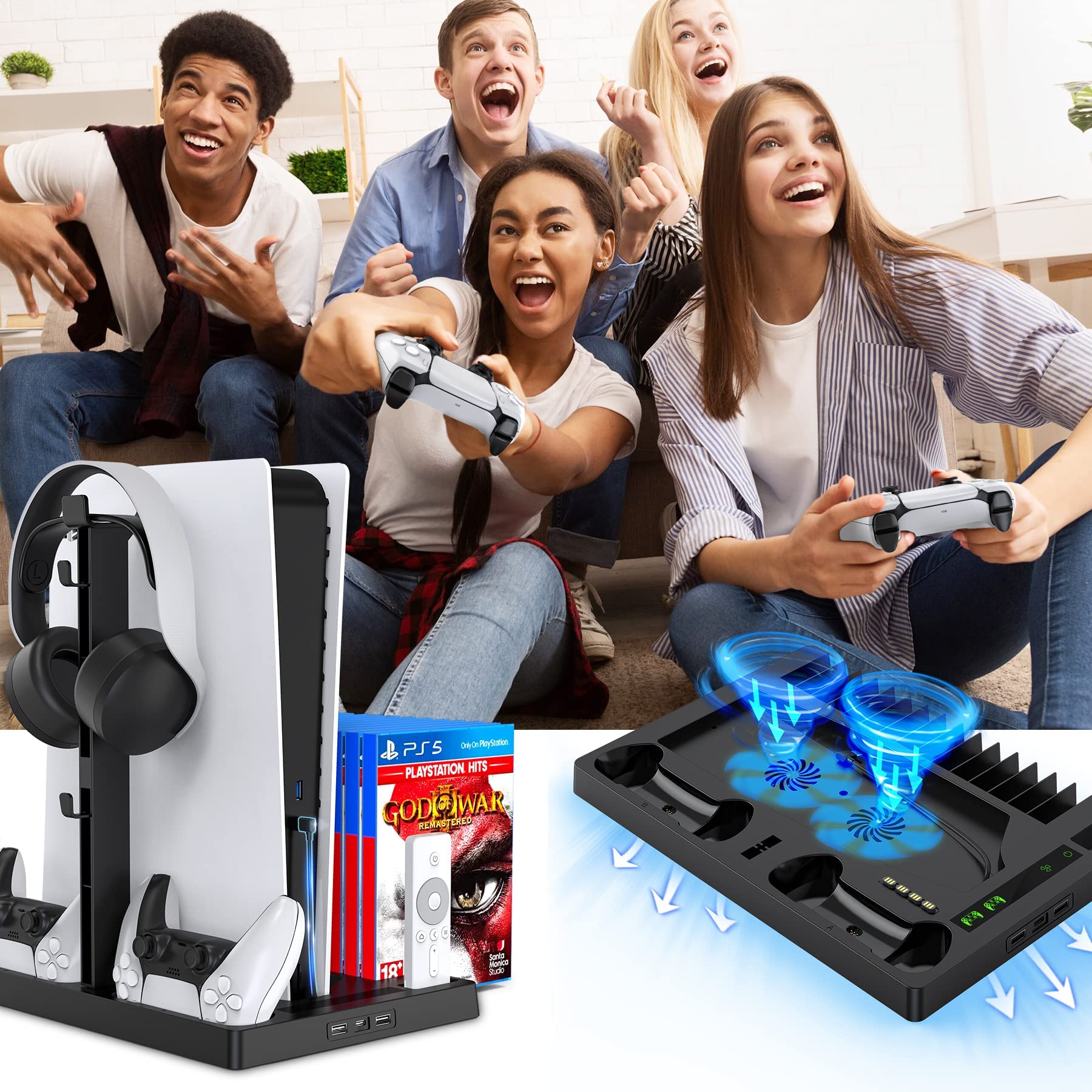 PS5 Accessories Cooling Stand with Headset Holder and AC Adapter, for PlayStation 5 Disc & Digital Editions Dual Controllers Charger，Game Disc Slots and Media Remote Organizer