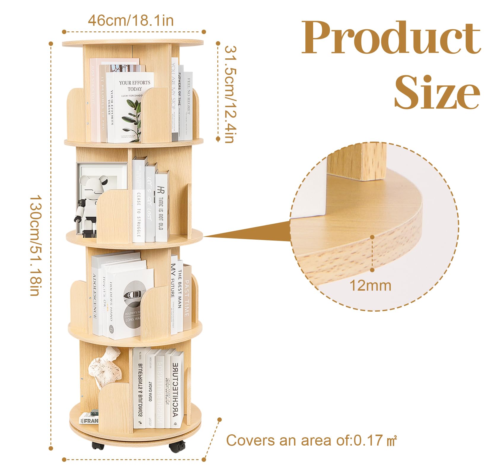 tonchean 4 Tier Rotating Bookshelf Tower,Wood Revolving Bookcase with Wheels Vertical Kids Toddler Bookshelf with Storage,Corner Display Bookshelf Rack for Library Study Office Living Room