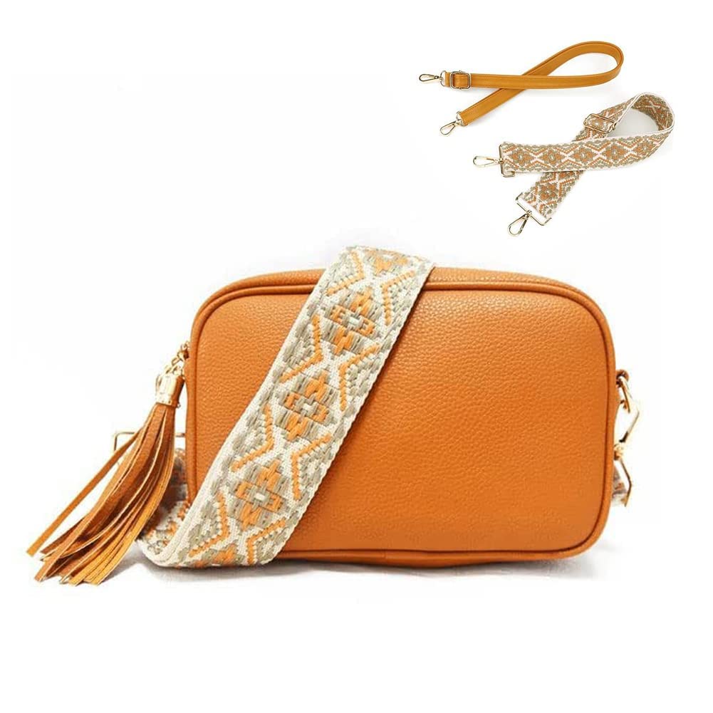 Small Crossbody Bag with Wide Guitar Strap, Thick Strap Camera Cross Body Bag Leather Shoulder Purse for Women with 2 Strap Light Brown
