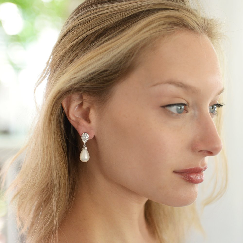 Mariell Pearl Bridal Wedding Drop Earrings with CZ Crystals for Brides, Bridesmaids, Birthday Gift