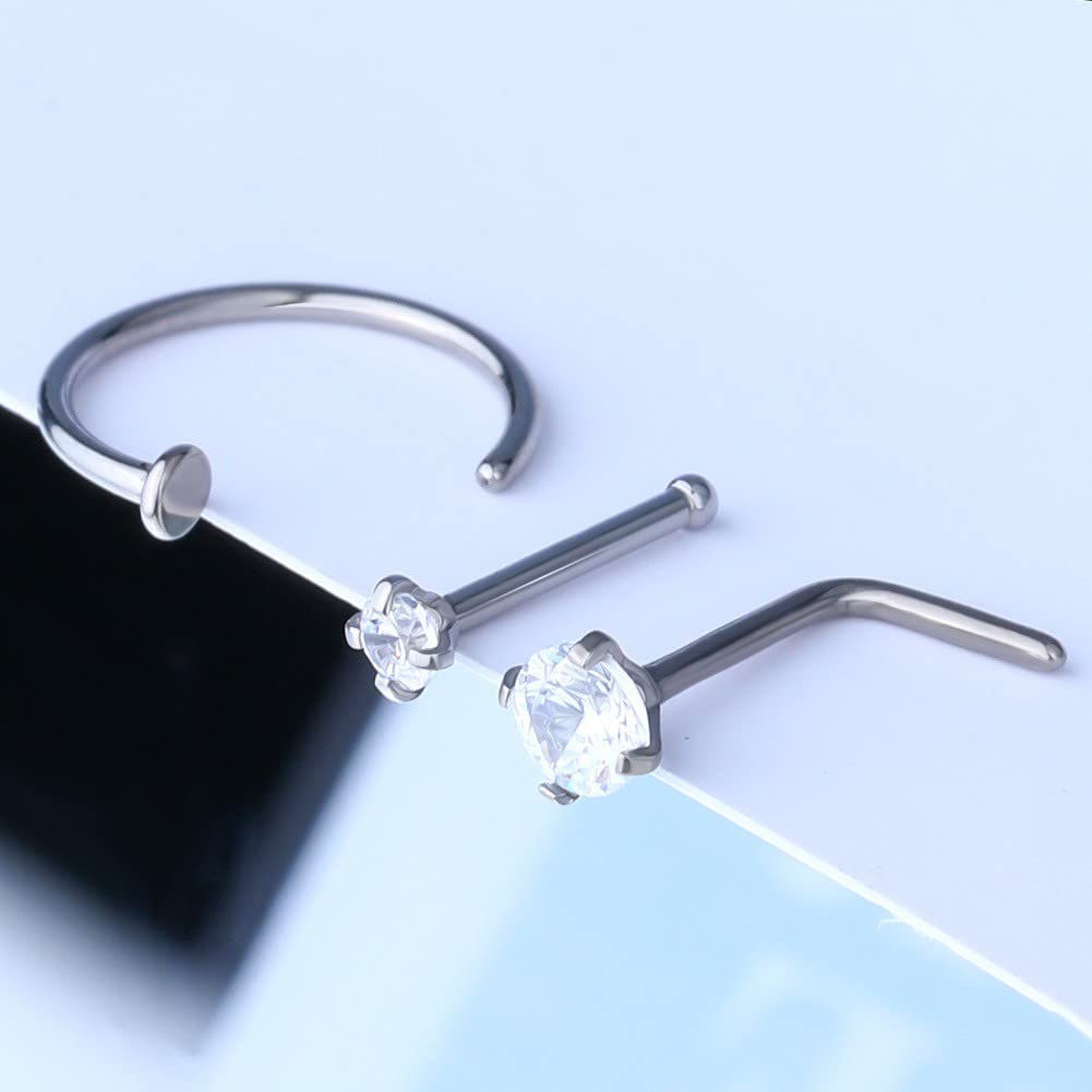 OUFER 20g Nose Ring Hoop, 3PCS Grade 23 Solid Titanium Nose Rings, Clear CZ Nose Stud, L Shaped Nose Piercing Jewelry
