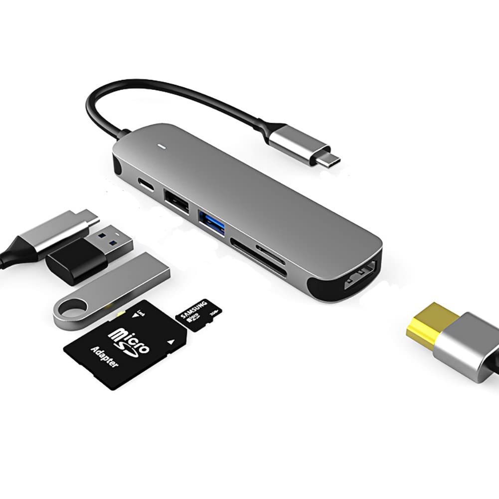 USB C Hub,USB-C Laptop Docking Station,6 in 1 Type C Adapter Compatible for MacBook and Windows(HDMI PD3.0 SD TF Card Reader USB Ports)