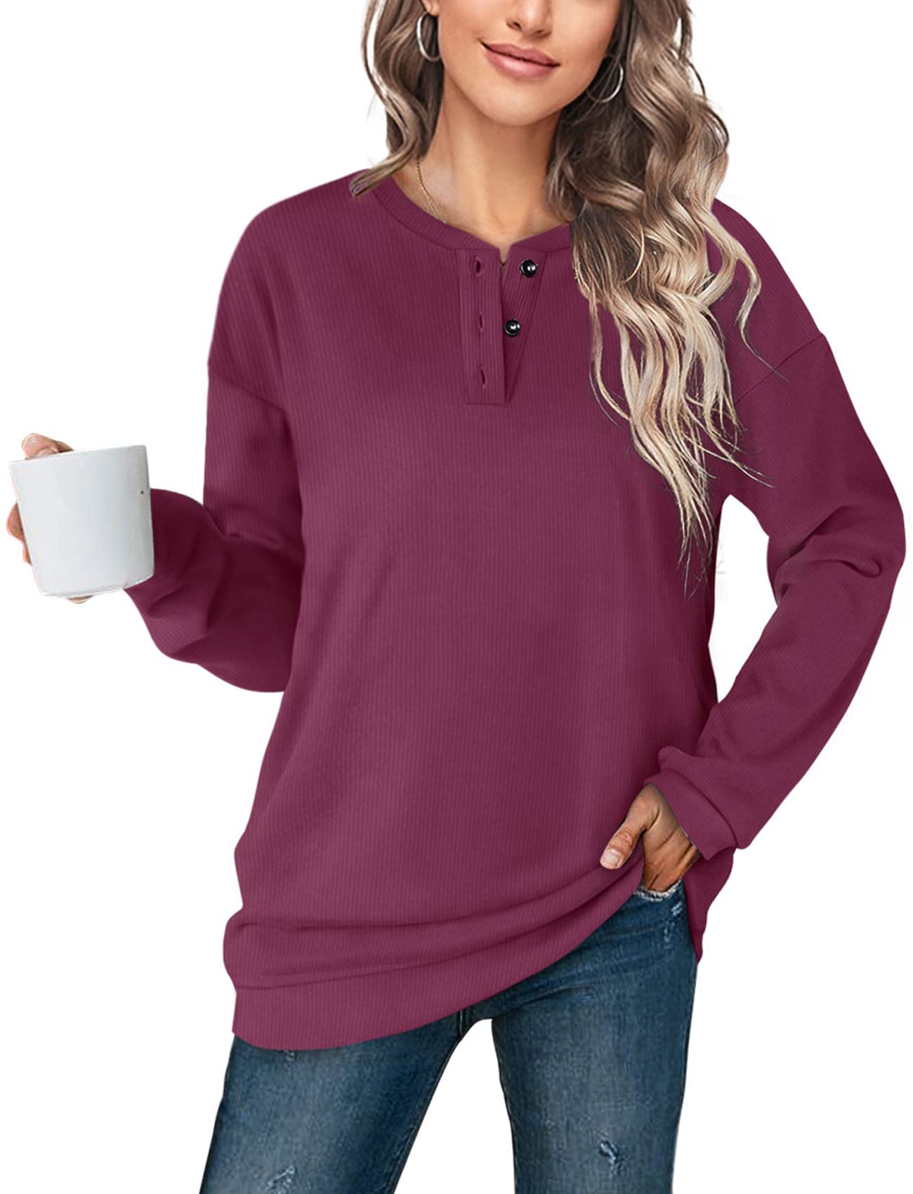 OFEEFAN Comfy Sweatshirts For Women Crew Neck Tunic Tops To Wear With Leggings Deep Purple L