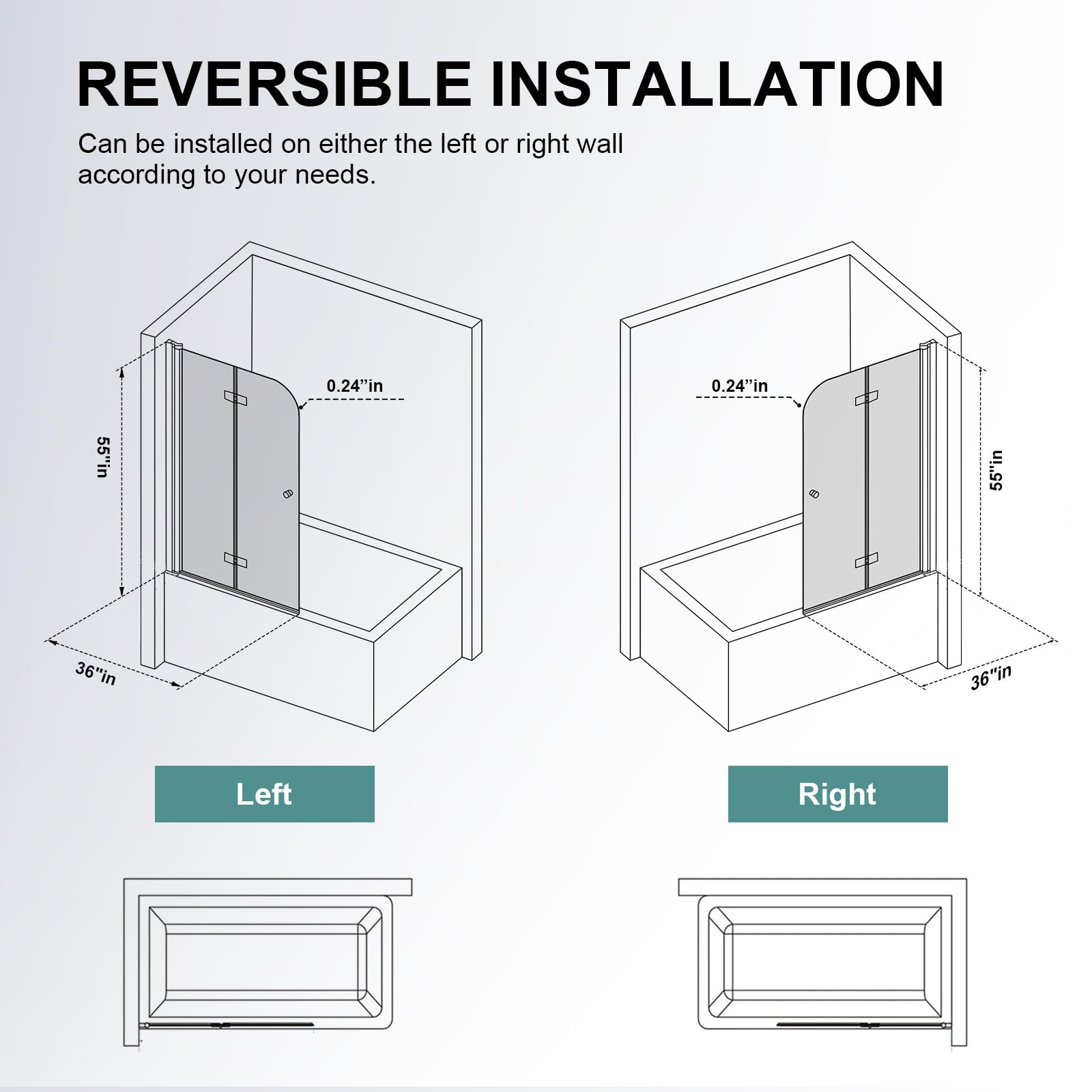 SIEPUNK Folding Glass Shower Doors for Bathtub, 36 in. W x 55 in. H Pivot Frameless Tub Shower Door, Tempered Glass Shower Panel Screen, Chrome