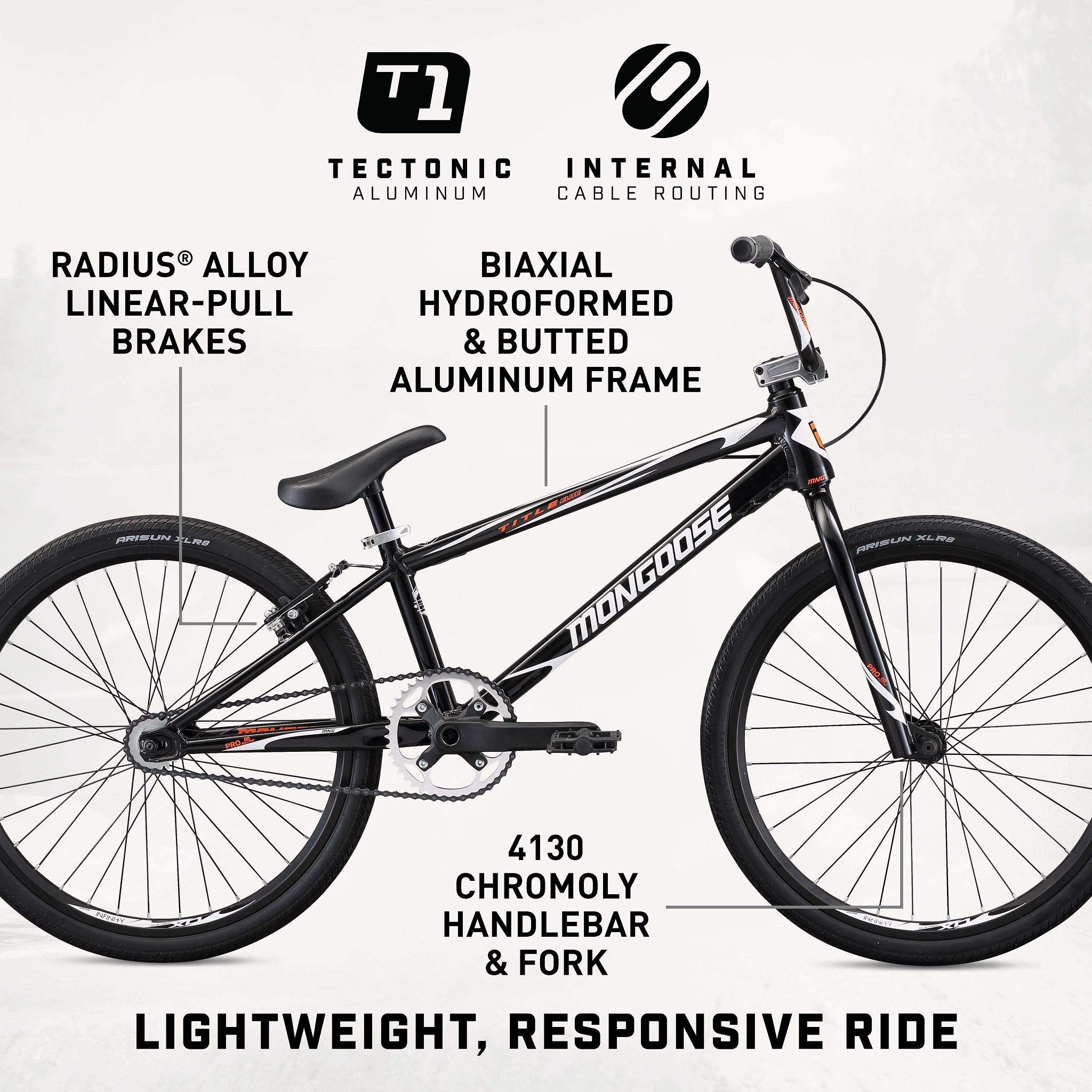 Mongoose Title Elite Pro BMX Race Bike with 24-Inch Wheels in Black for Advanced and Returning Riders, Featuring Professional-Grade 6061 Tectonic T1 Biaxial Hydroformed and Butted Aluminum Frame