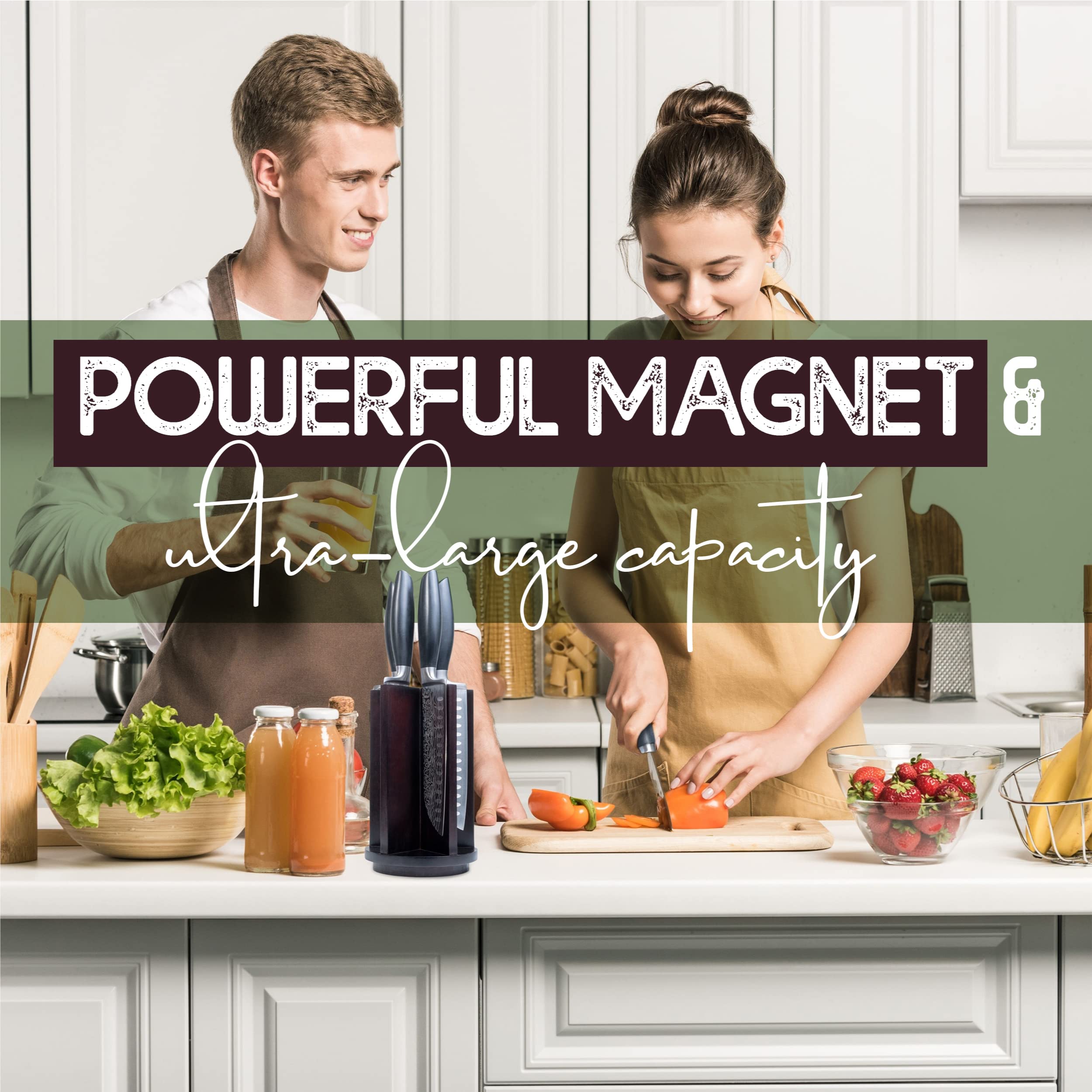 SPIN & SLICE Rotating Magnetic Knife Block: Minimalist, Sleek & Unique Design - Eco Friendly Bamboo - Fits more than 5 Knives - An Essential Kitchen Companion